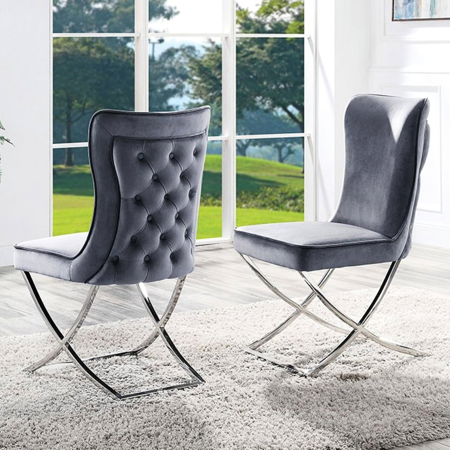 Everly Quinn Of 2 Gray Velvet Side Chairs - Button , Frame, Upholstered ...
