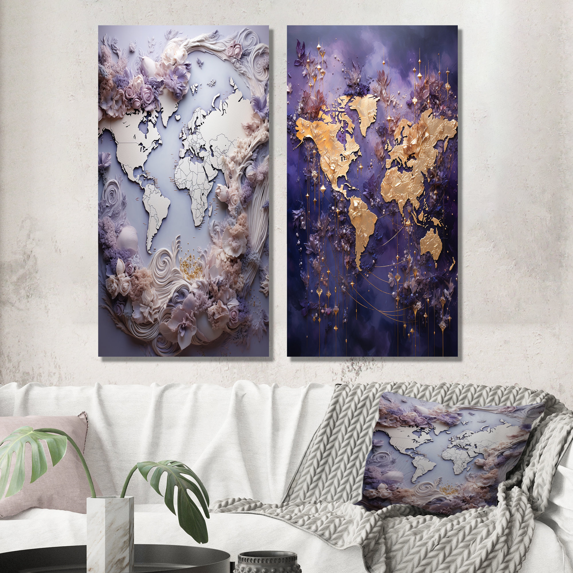 Mercer41 Ethereal Lavender World Map - World Map Canvas Wall Art Set Of ...