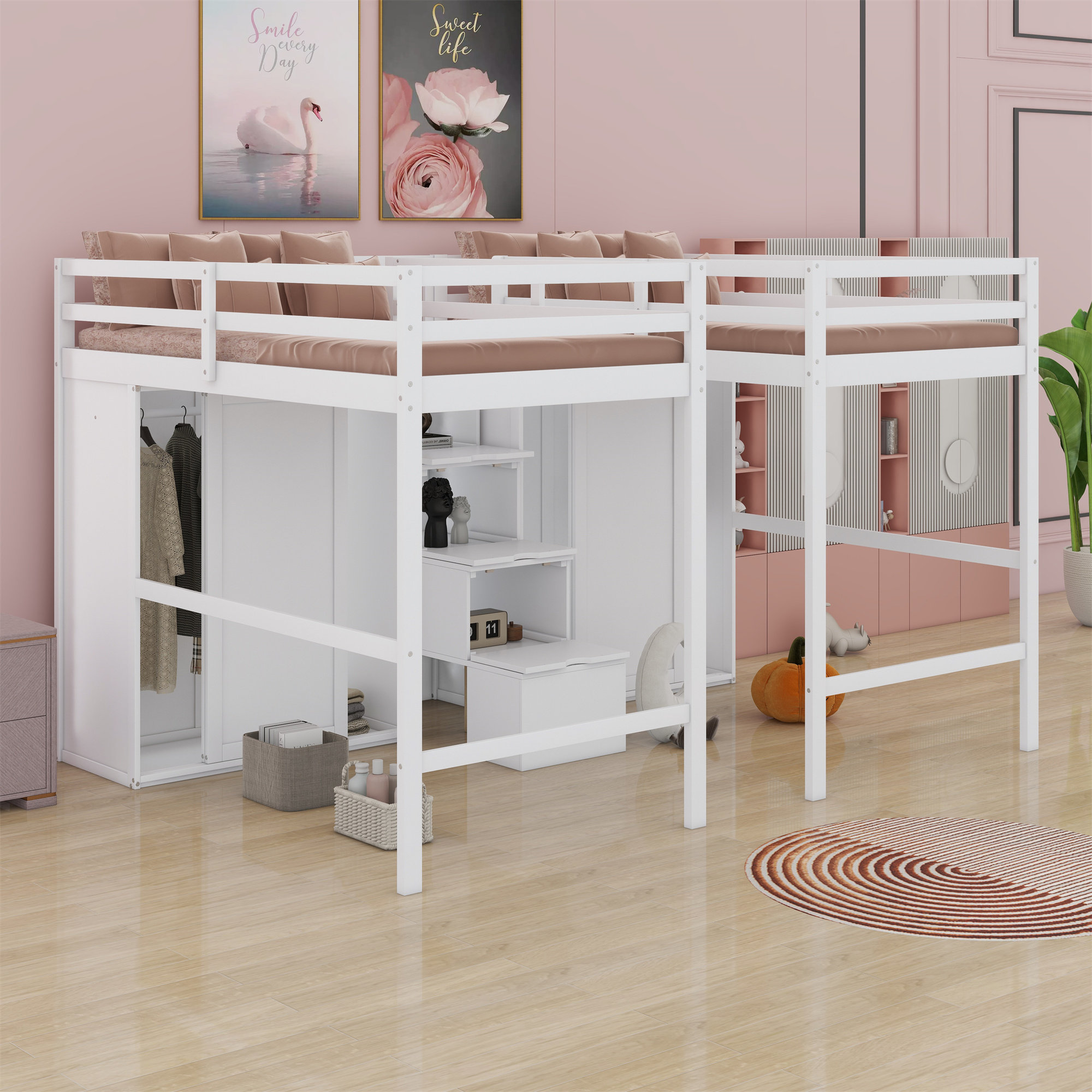 Latitude Run® Double Loft Beds With Wardrobes And Staircase | Wayfair