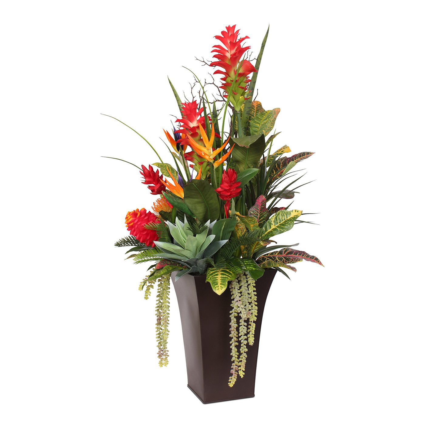 Jenny Silks Luscious Tropical Silk Flowers And Greens In Brown Metal ...