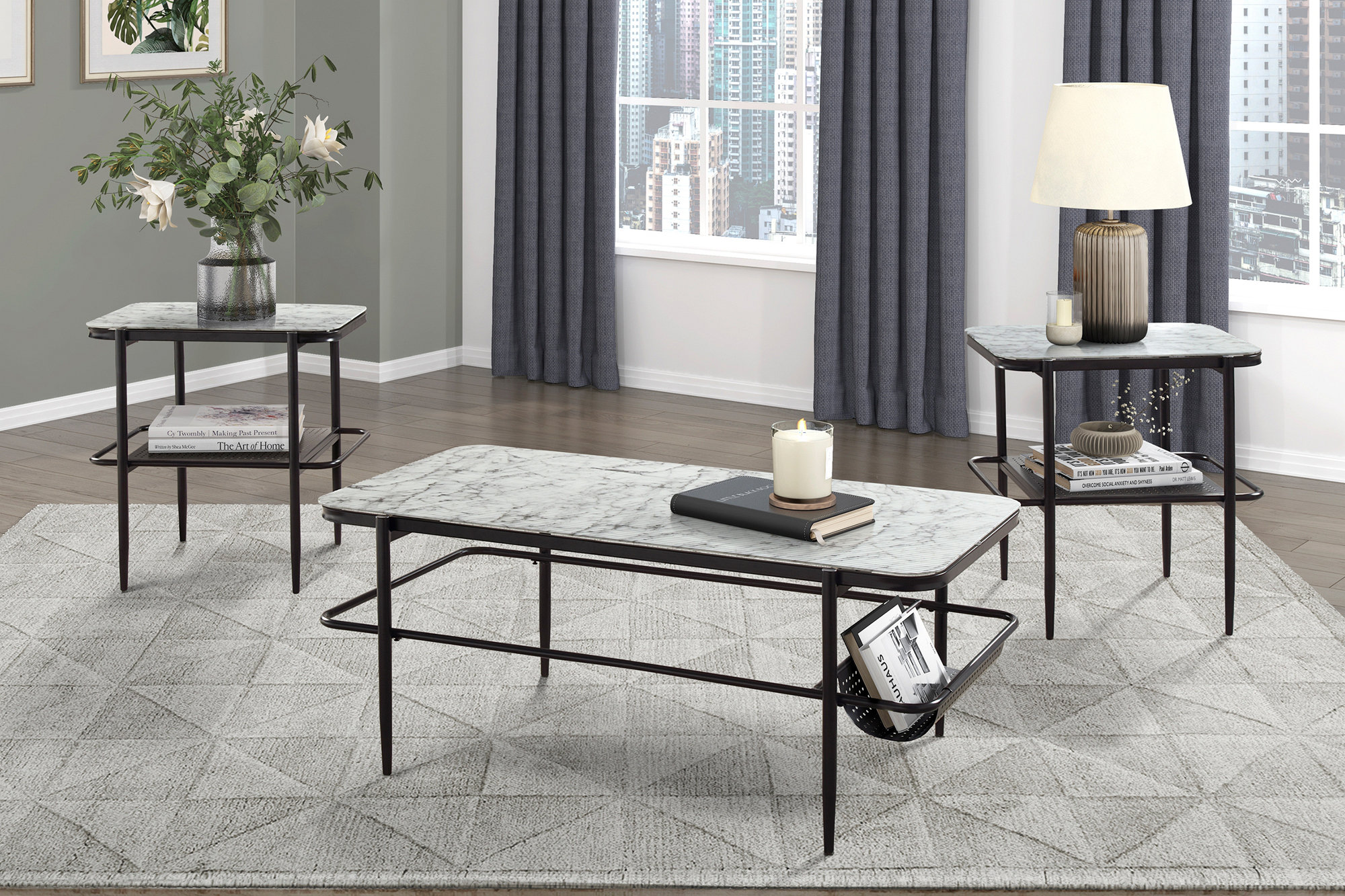 Ivy Bronx 3Pc Stylish Occasional Table Set White Marble Print Tempered ...