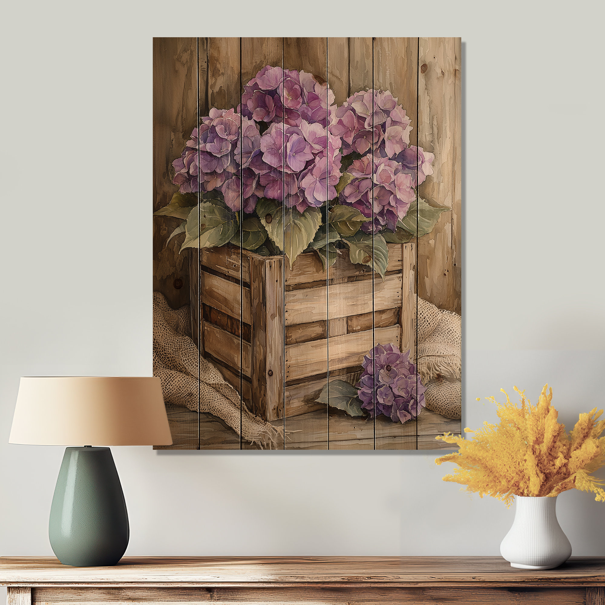 Ophelia & Co. Hydrangeas Bouquet In A Wooden Crate III - Hydrangea Wood ...