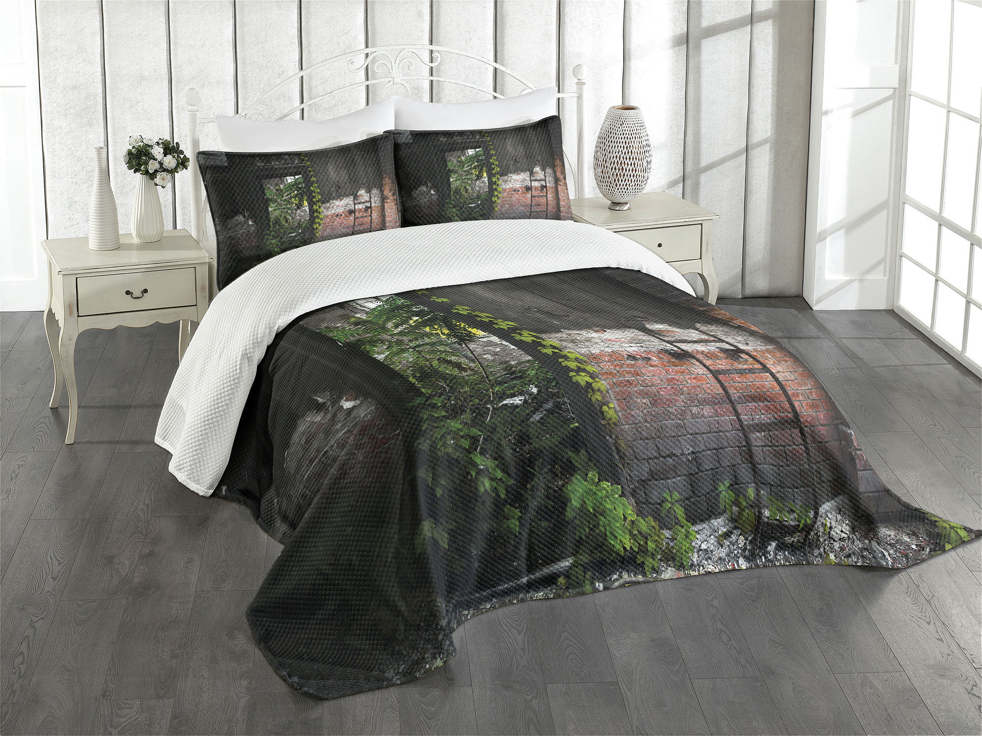 Ambesonne Industrial Bedspread Set Bricks Plants Multicolor | Wayfair