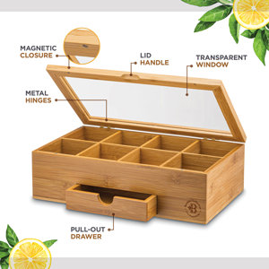 Belmint Bamboo Tea Box with 8 Storage Sections and Expandable Drawer ...