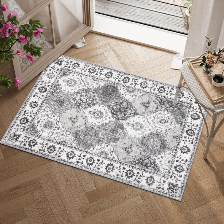 Bungalow Rose White/Grey Polyester Machine Washable Oriental Area Rug ...