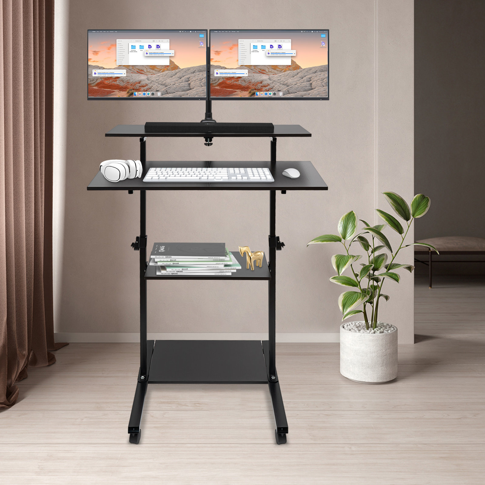 Inbox Zero Stand-Up Black Computer Desk 40" With Casters & Dual Monitor ...