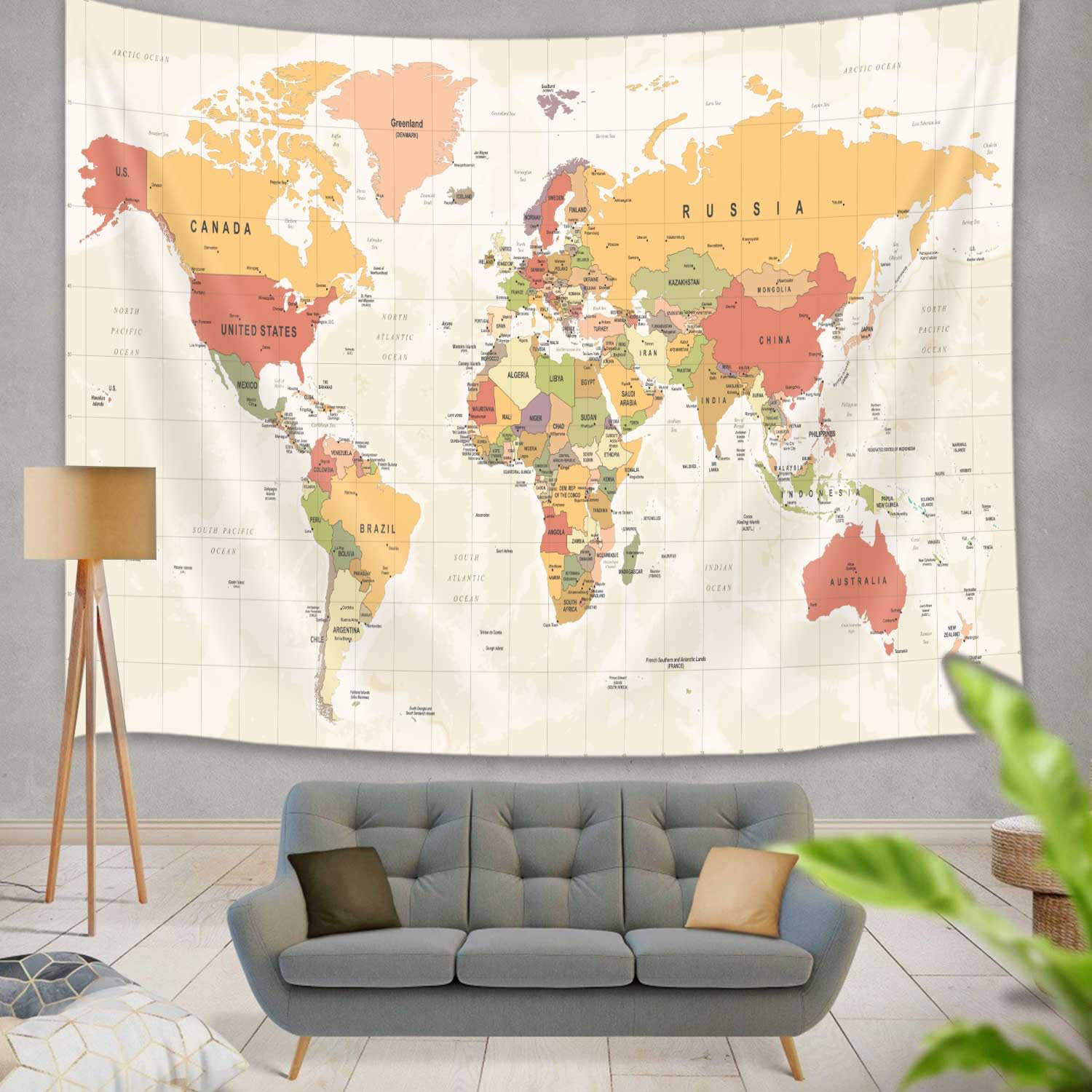 WIZIAT World Map Tapestry, Map Of The World With Countries And Major ...