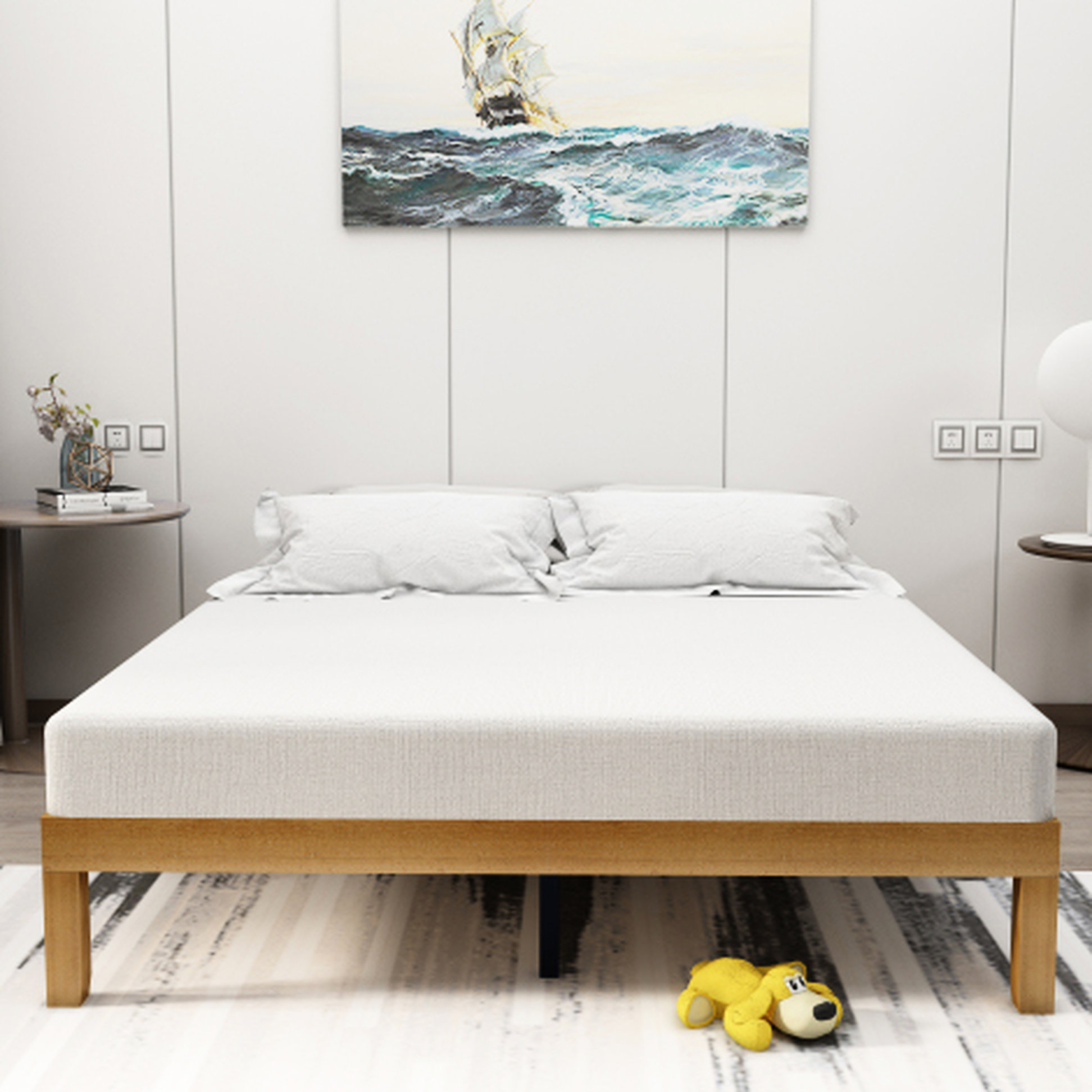 Ebern Designs Queen Platform Bed - Brown+white, Real Solid Wood ...