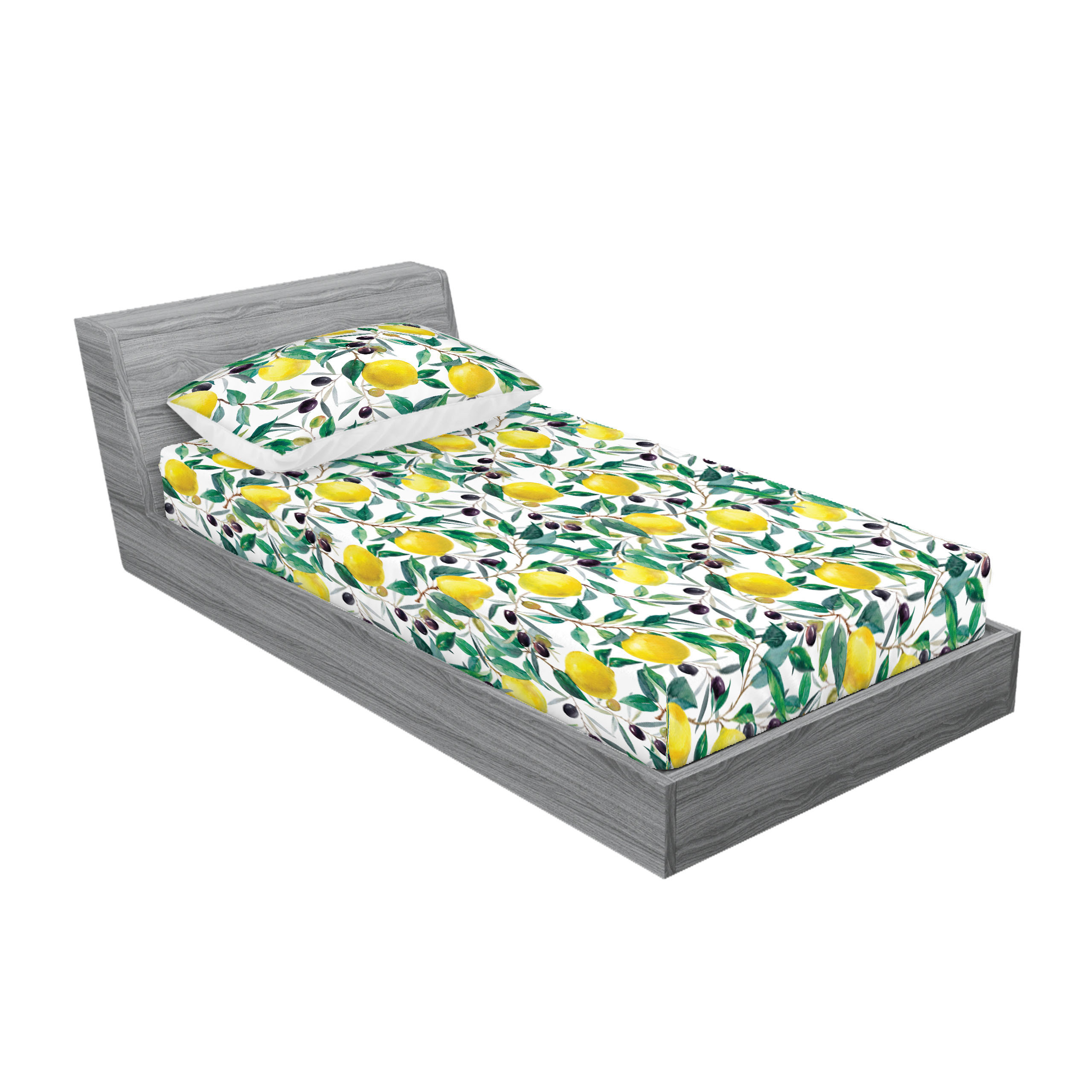 Ambesonne Fitted Sheet & Sham Lemon Olive Foliage Plot Earth Yellow and ...