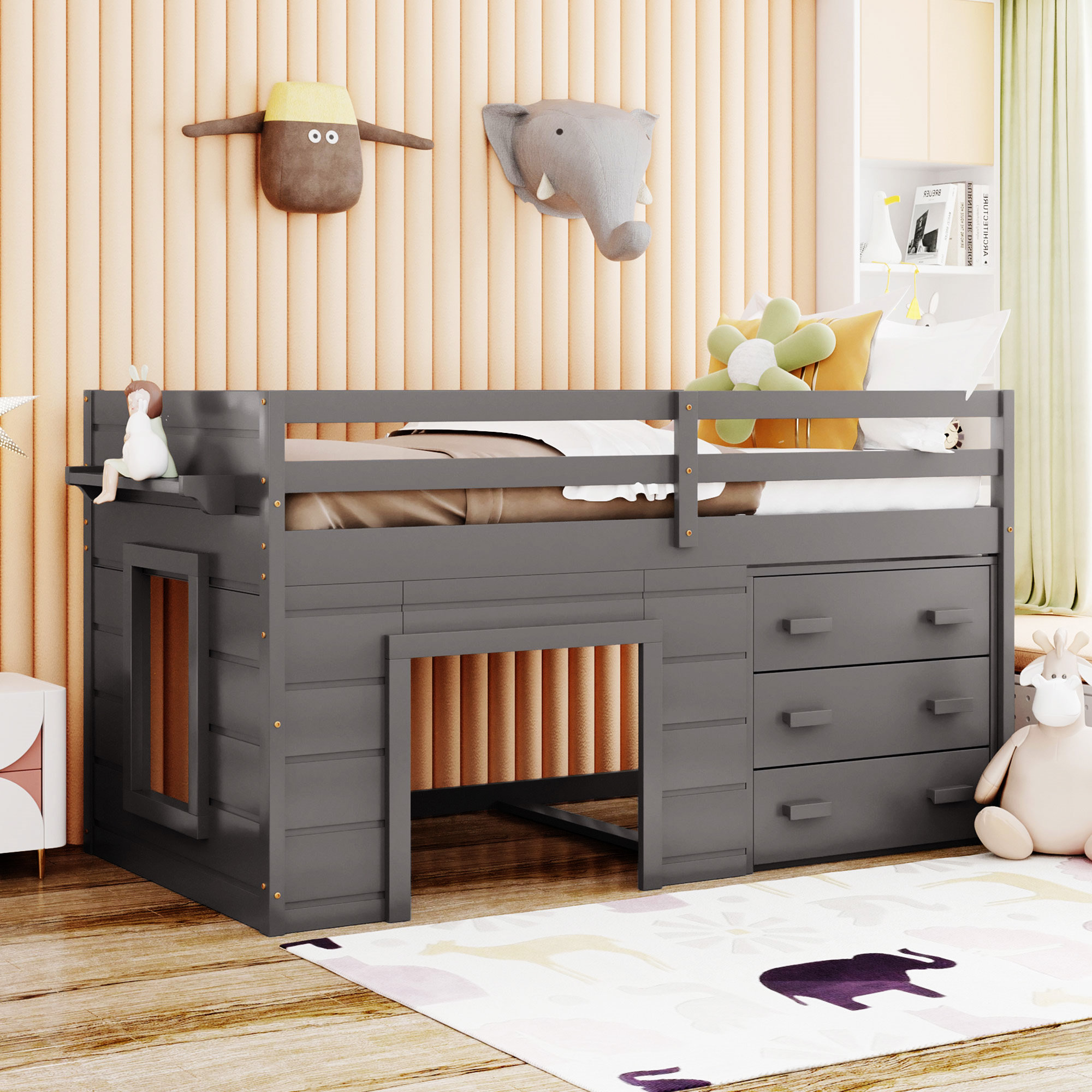 Red Barrel Studio® Loft Bed With Cabinet And Shelf - Gray | Wayfair