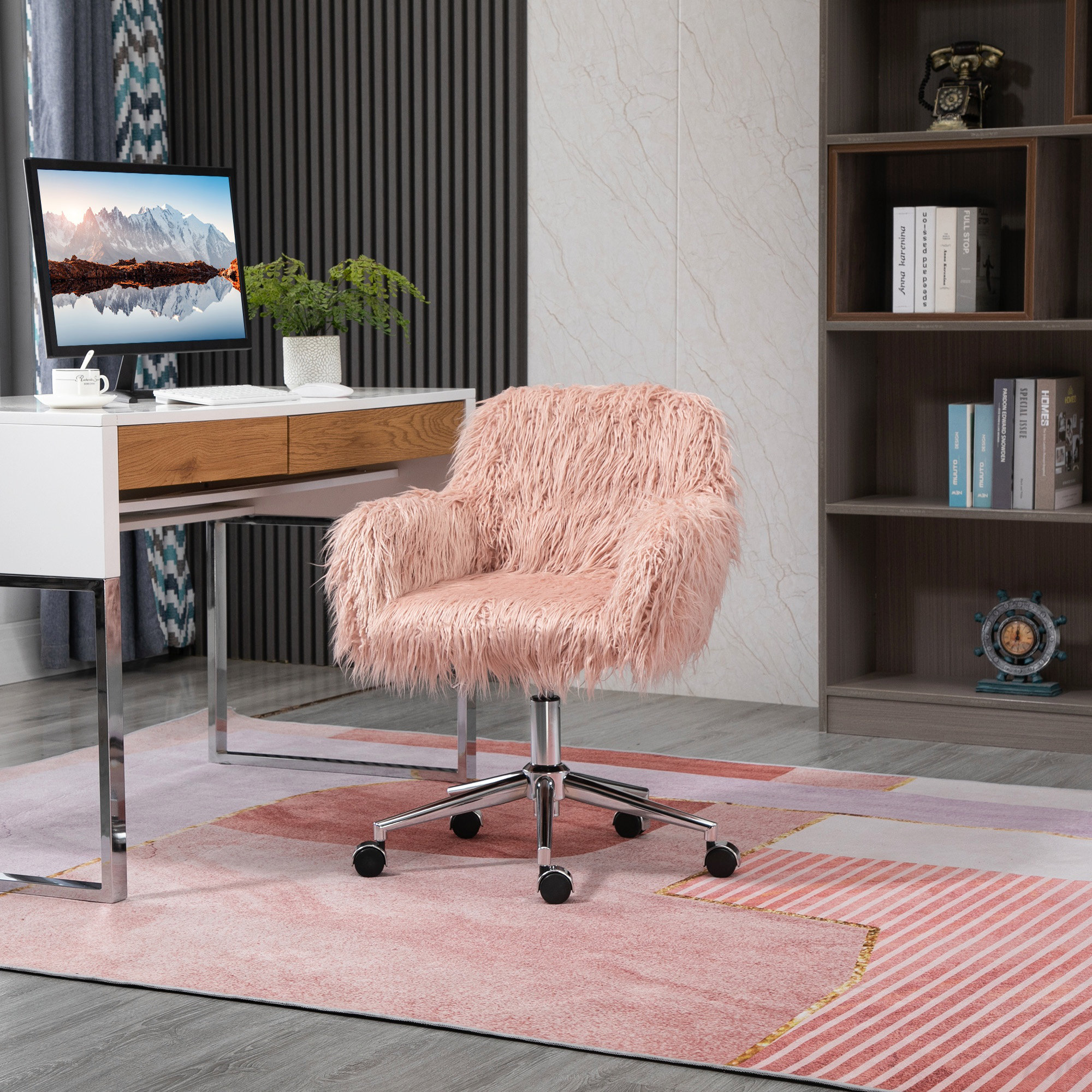 Mercer41 Faux Fur Desk Chair, Swivel Vanity Chair With Adjustable ...