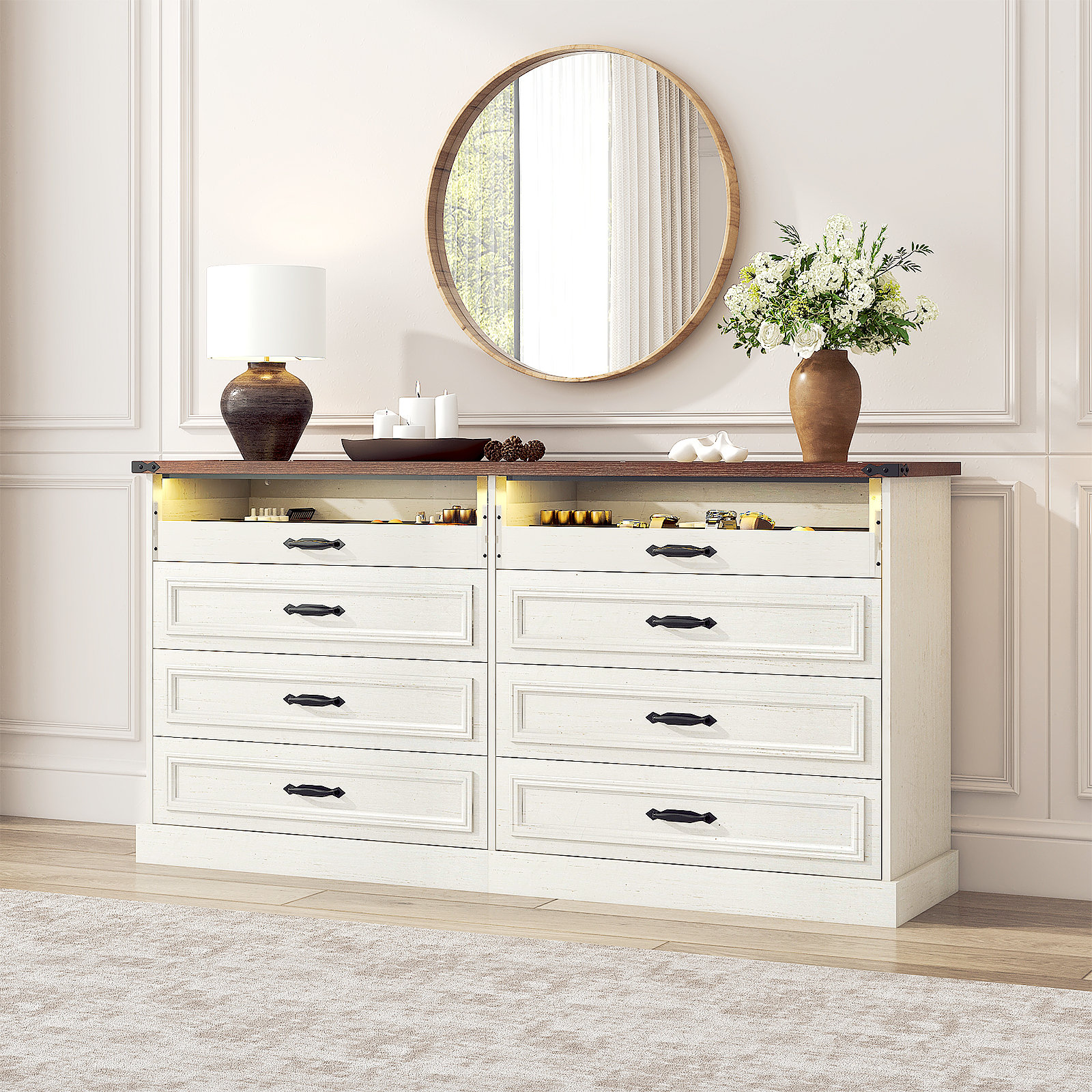Gracie Oaks Modern 8-Drawer Wooden Dresser With Glass Top & Led ...