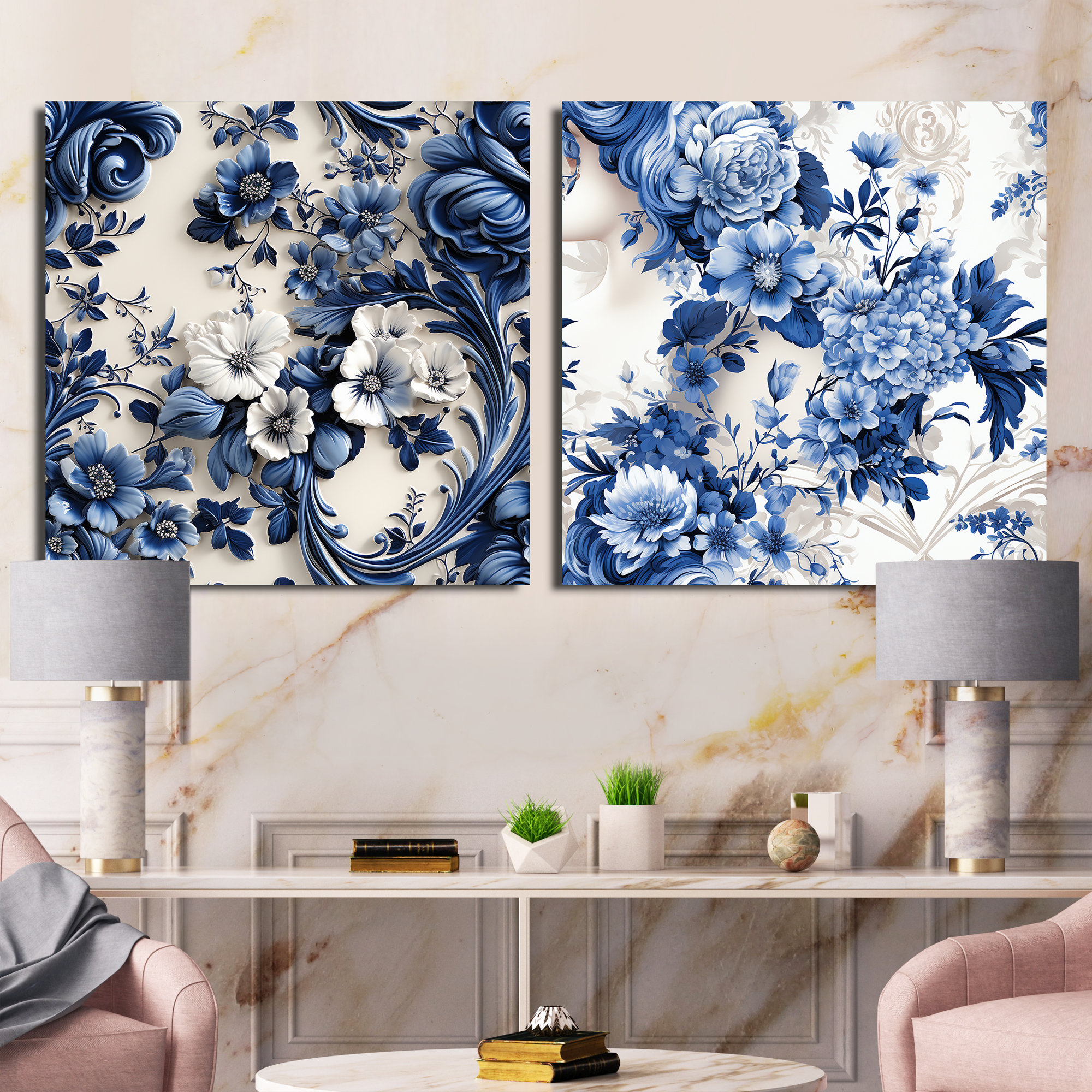 Design Art Cobalt Blue Cameo Cameo Victorian Pattern - Floral Square ...