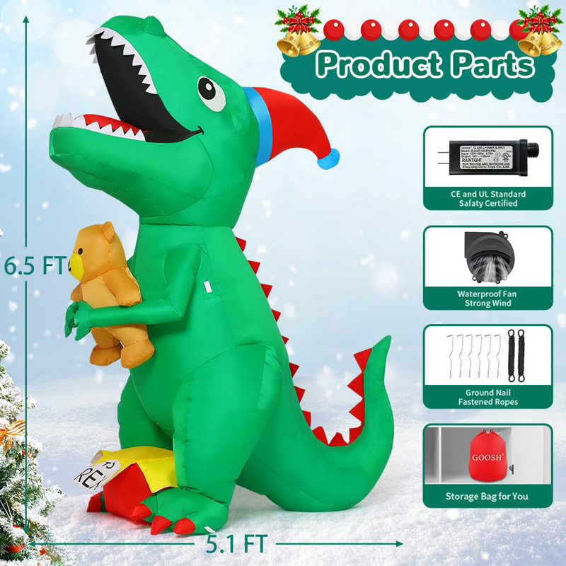 GOOSH Christmas Inflatable 6.5 FT Green Christmas Dinosaur Inflatable ...