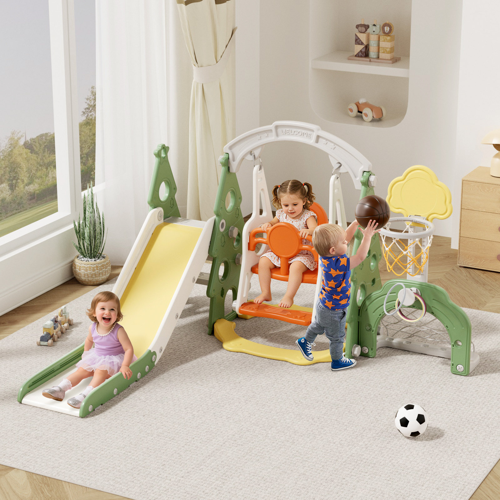 GLAF 6-in-1 Kids Slide And Swing Set, Toddler Slide With Basketball ...