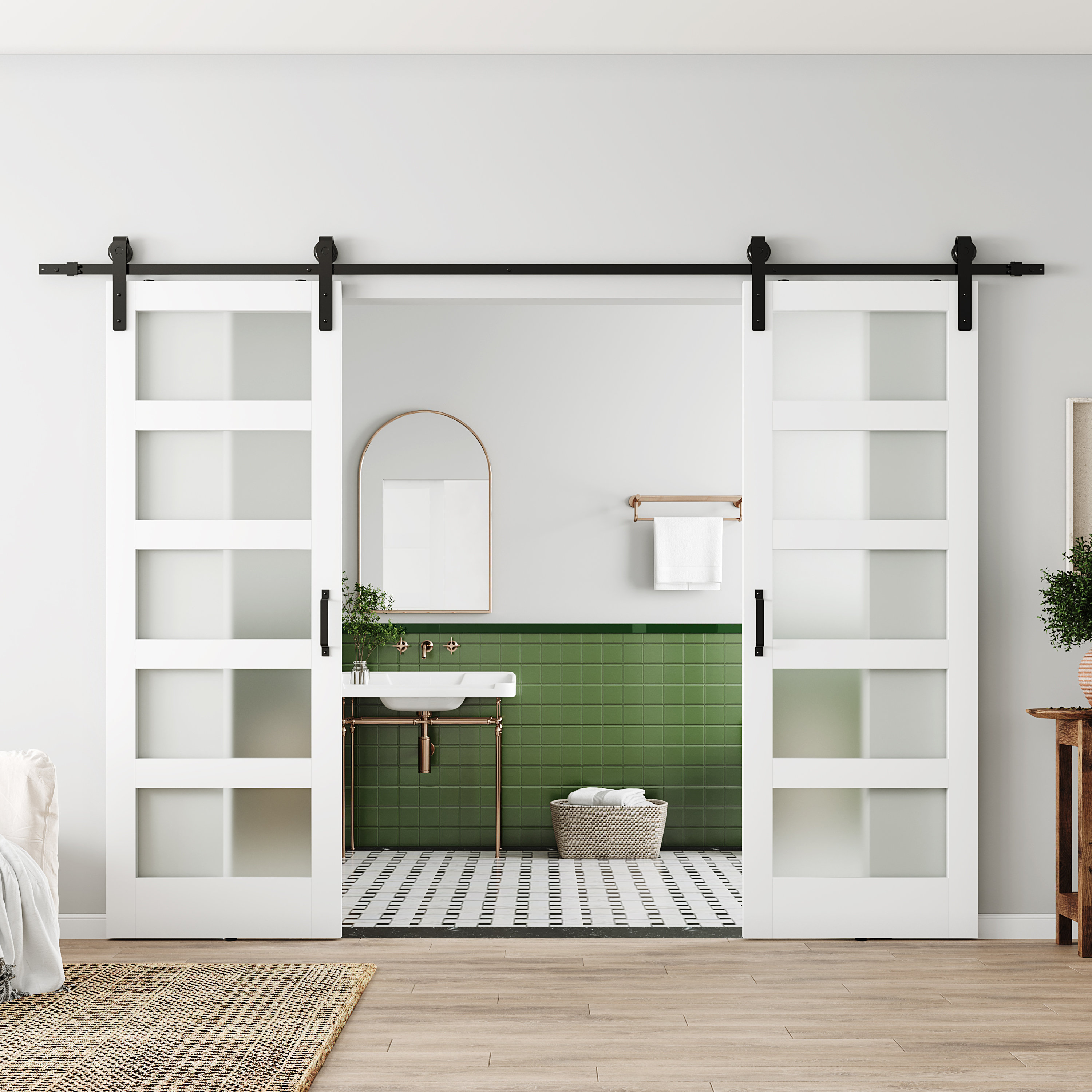 CHIC MODE Double Sliding Barn Doors 5 Lite Glass With Hardware Included ...