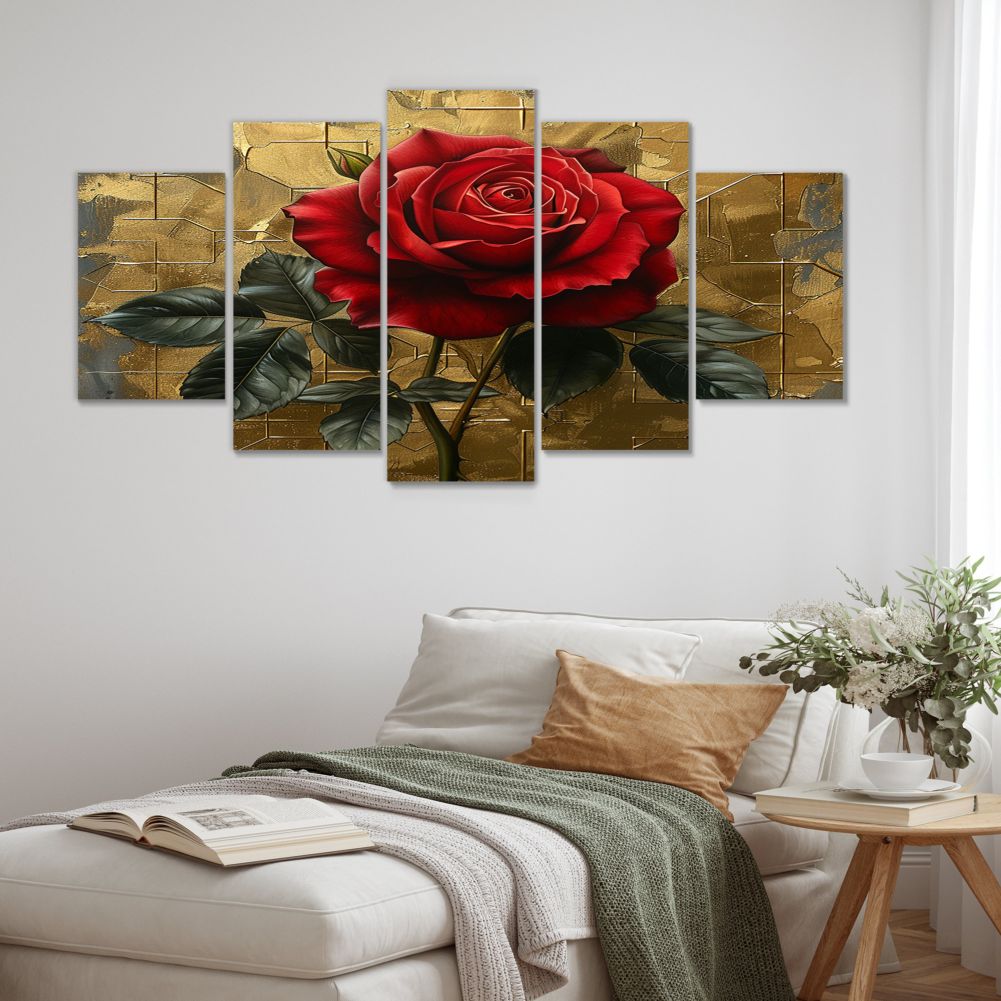 Design Art Red Rose Geometric Vintage Gold I - Rose Wall Art Decor 5 ...