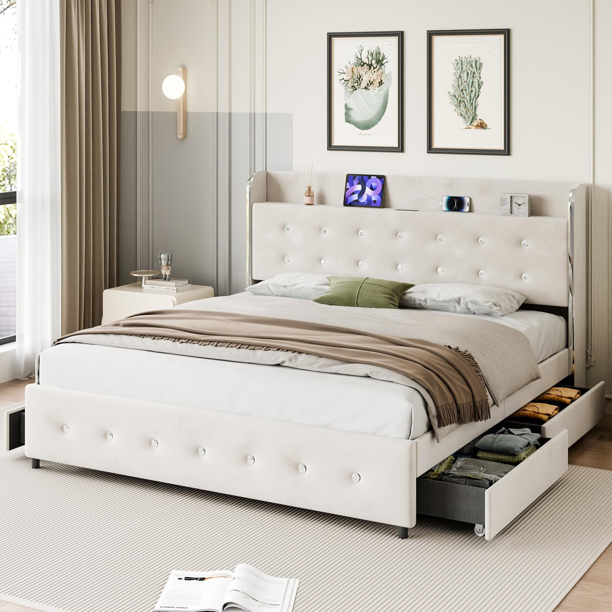 Everly Quinn Upholstered Platform Bed Frame With Trundle And 4 Storage ...