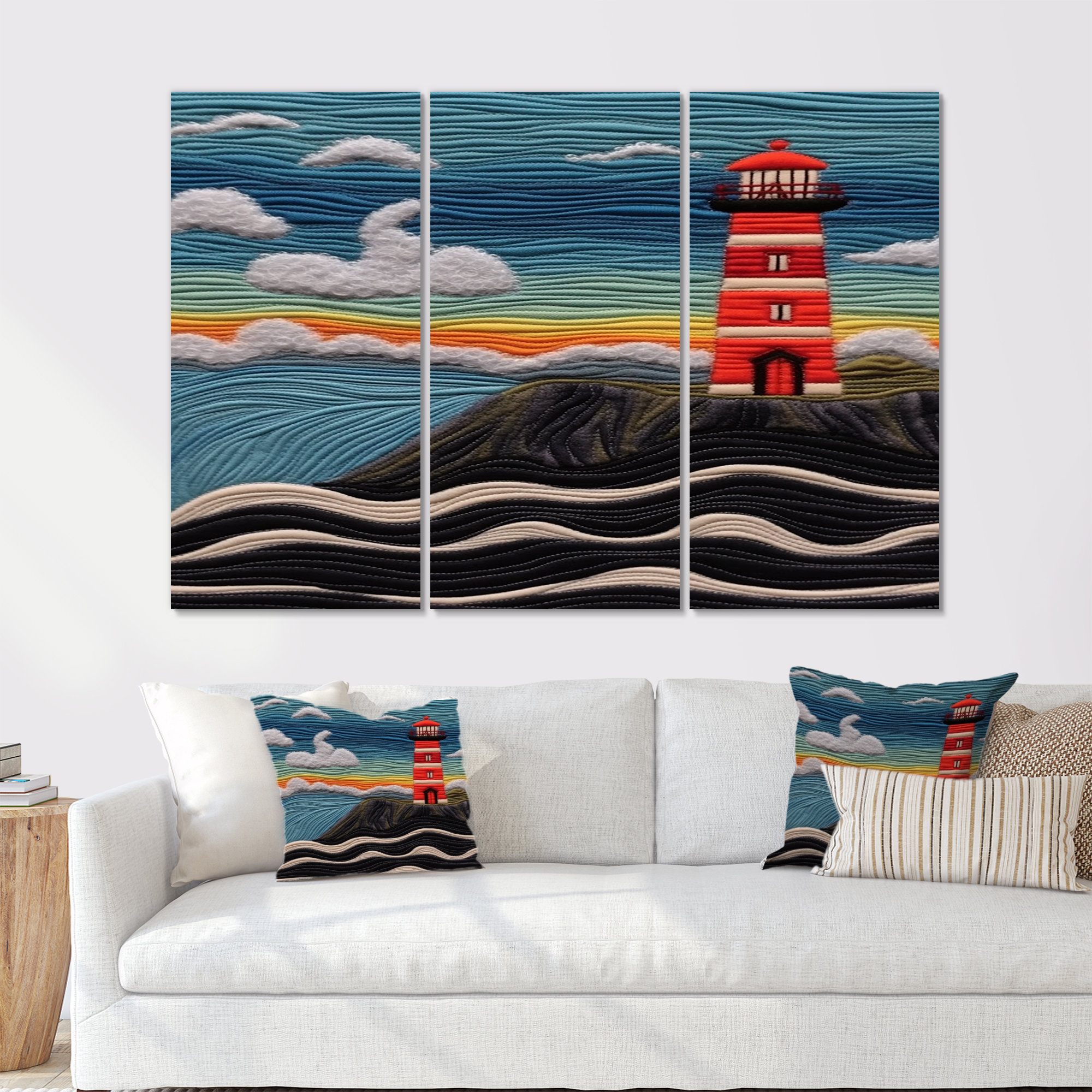 Design Art Red Lighthouse On The Rock Blue Sky Embroidery - Lighthouses ...