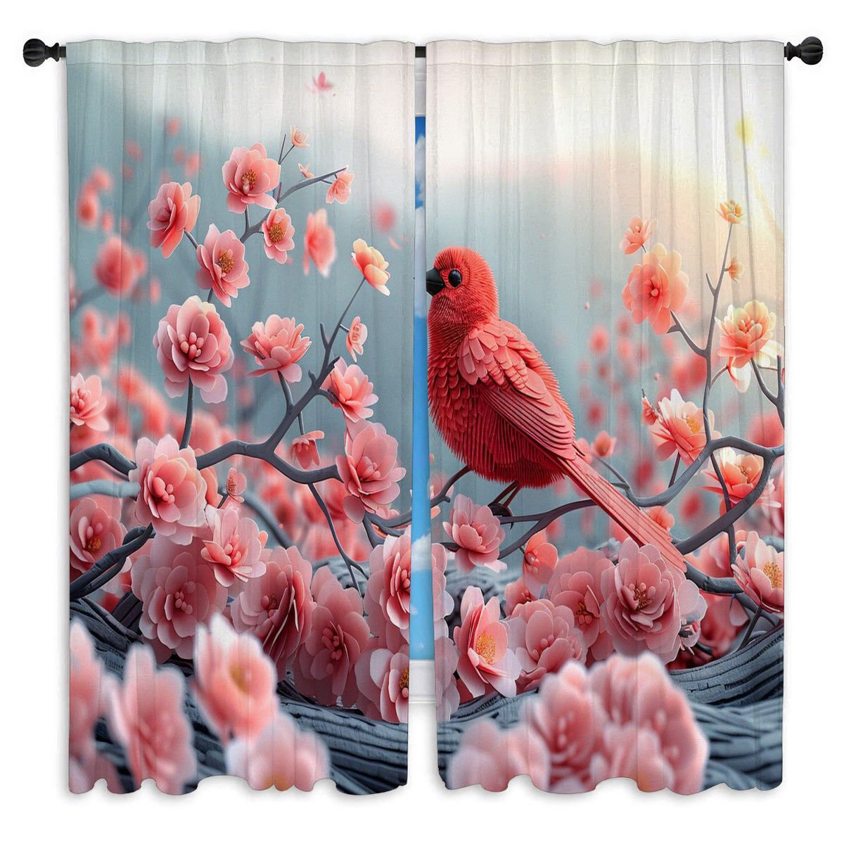East Urban Home Bird Window Curtains Wildlife Floral perch Drapes - 2 ...