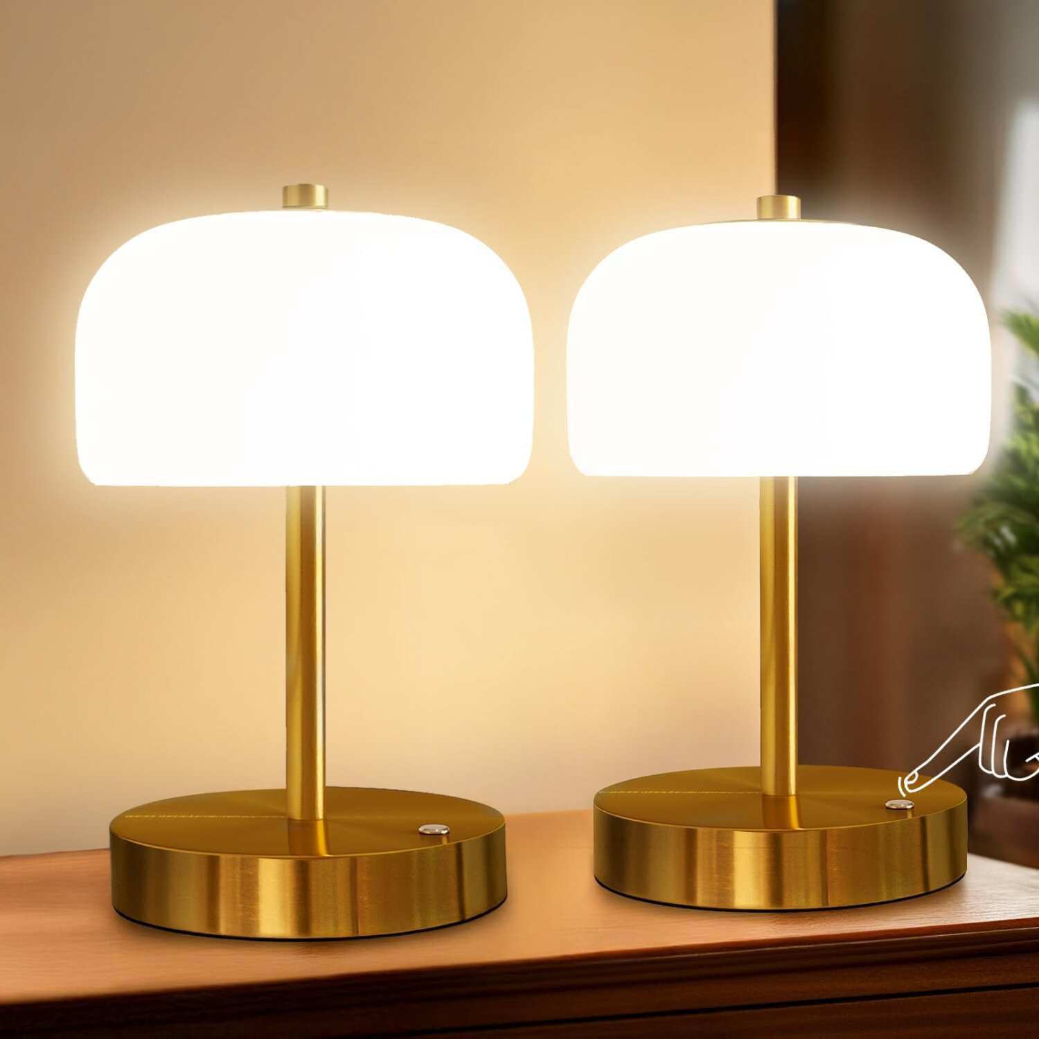 Everly Quinn 9" Gold Cordless Table Lamps Set of 2,Rechargeable Battery ...