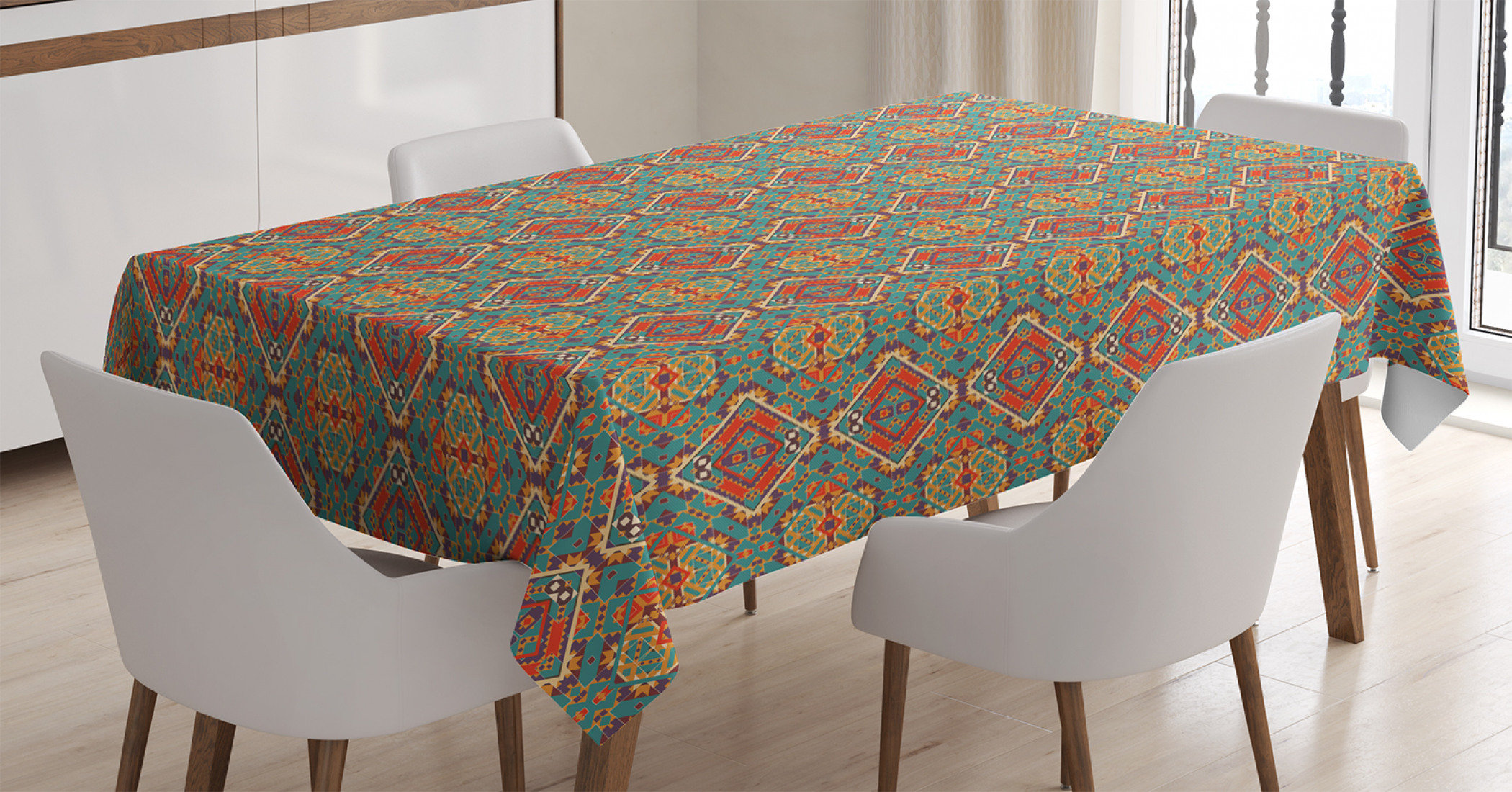 East Urban Home Turquoise Tablecloth, Indigenous Art Drawing Folk Tile ...