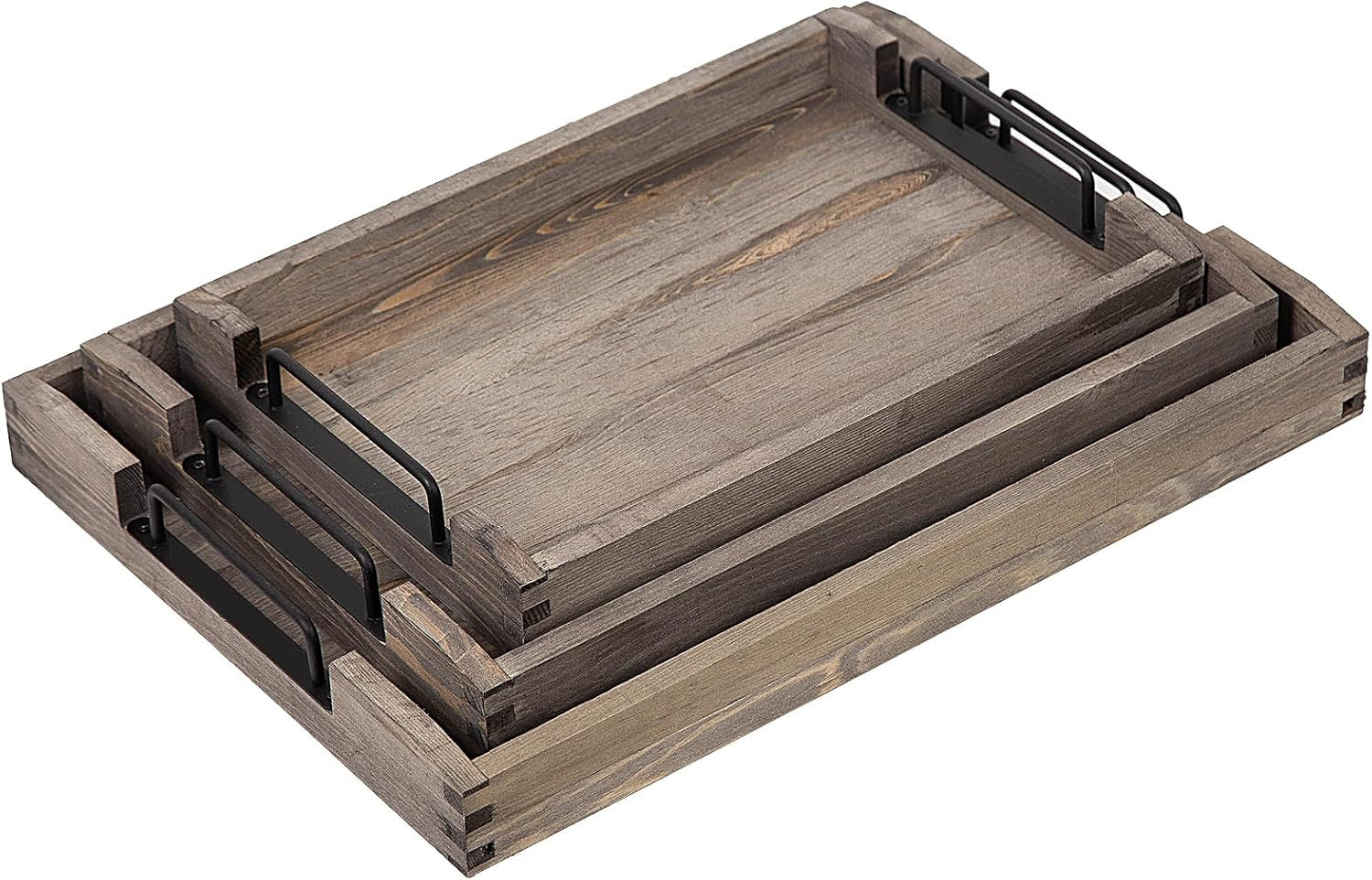 Gracie Oaks Country Rustic Torched Wood Nesting Breakfast Serving Trays ...