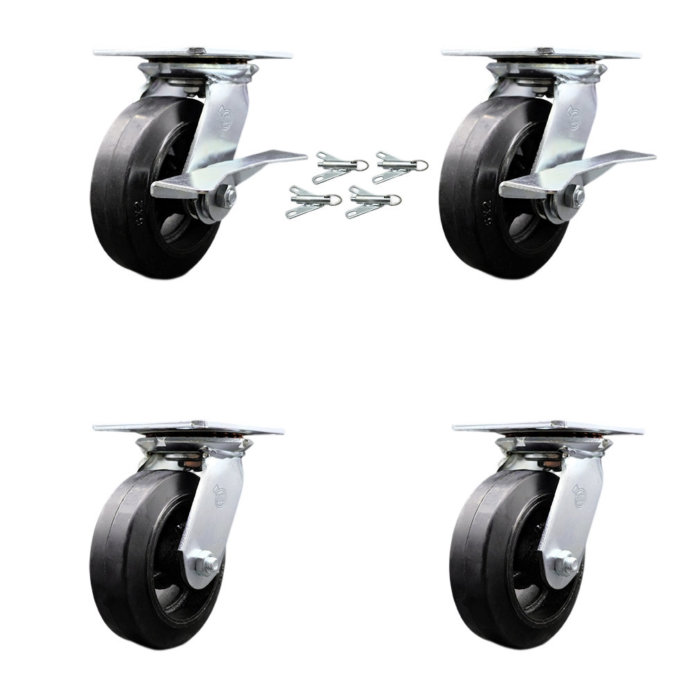 Service Caster 6 Inch Rubber on Steel Caster Set with Roller Bearing 4 ...