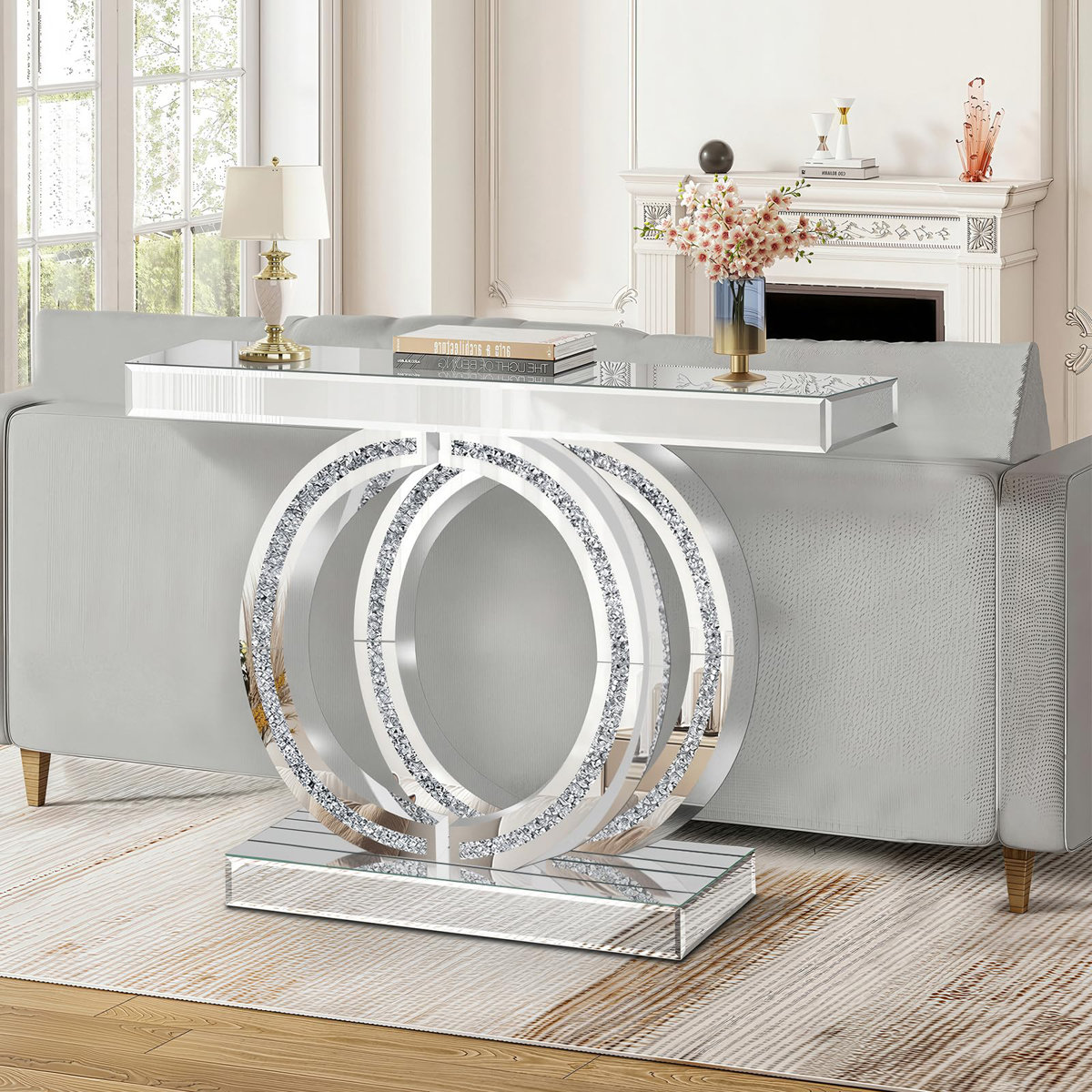 Everly Quinn Silver Mirrored Console Table With Crushed Diamond Inlay ...