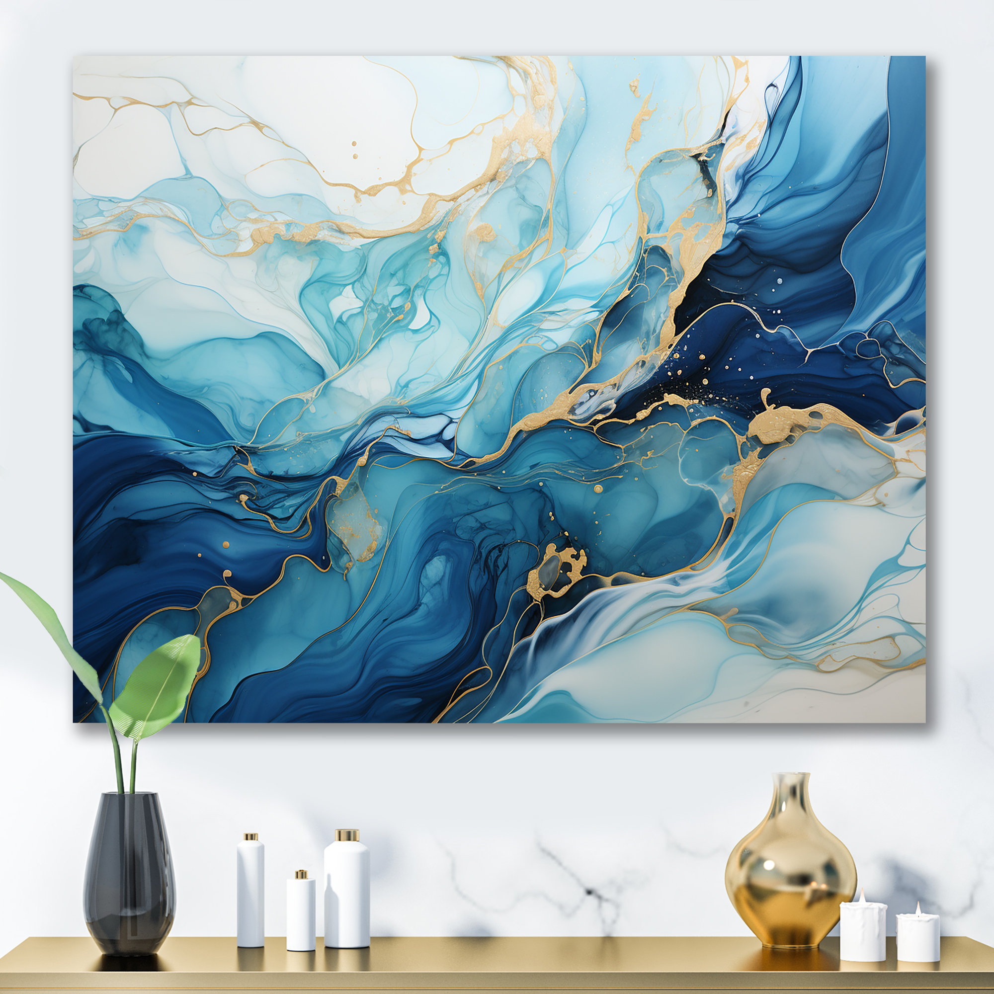 Design Art Liquid Blue And Gold Ocean Storm - Abstract Shapes Canvas ...