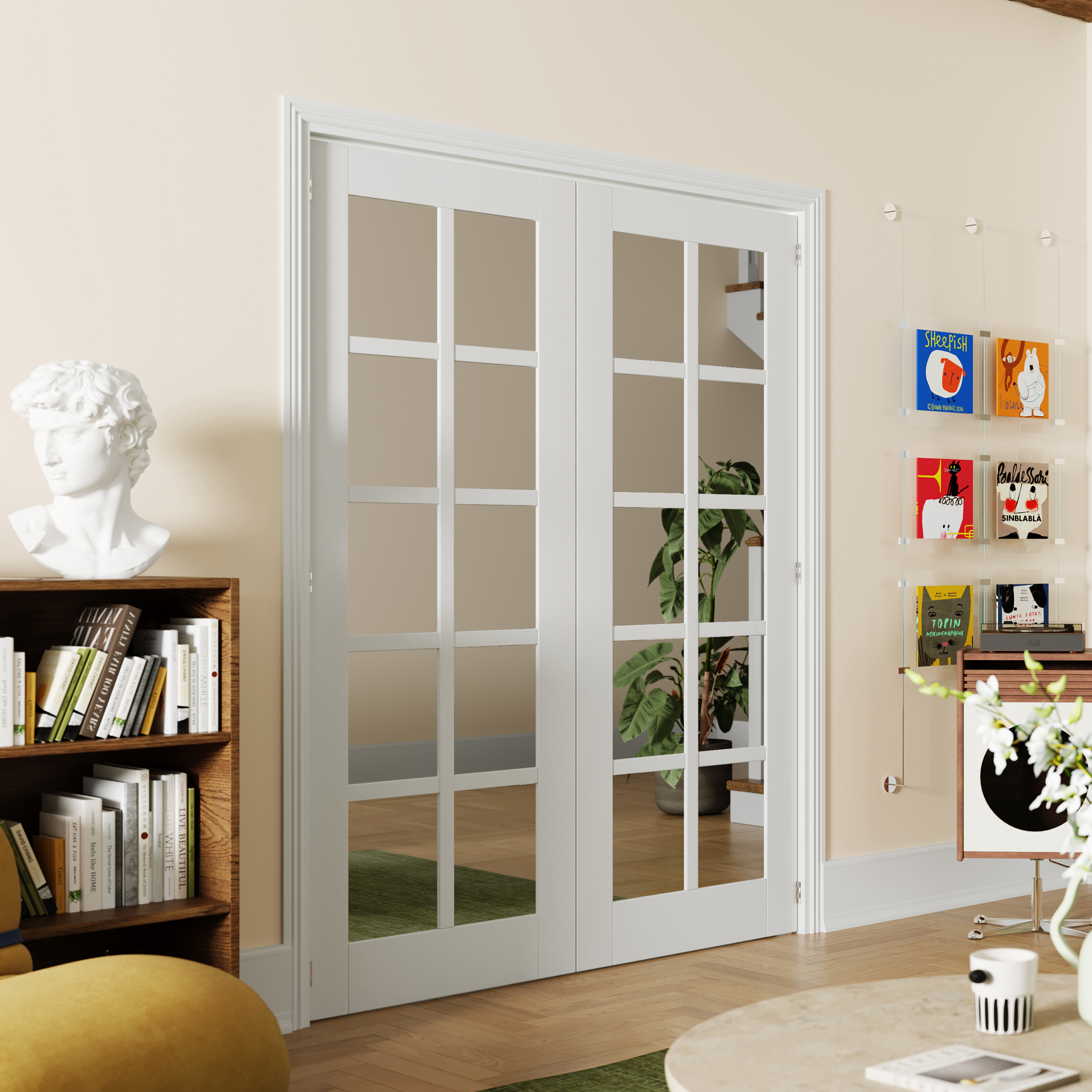 DOOOLI 10 Panel Mirrored Interior Double Door – Prehung-Style White MDF ...