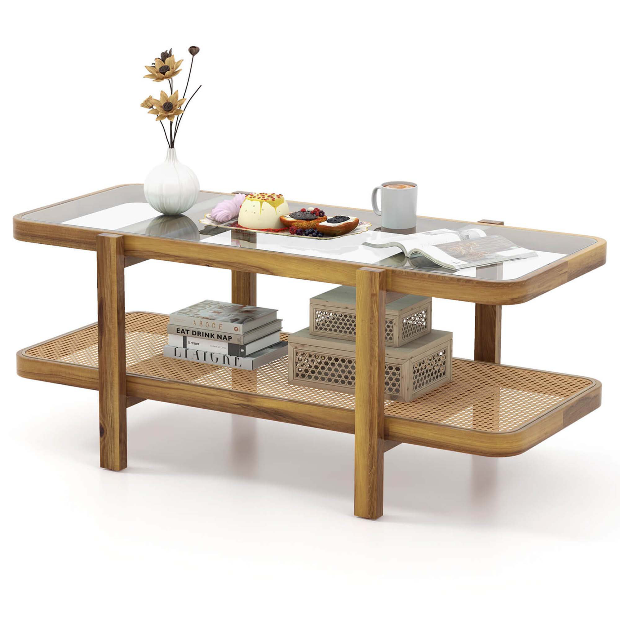 Bay Isle Home™ 2-tier Rustic Coffee Table With Storage Tempered Glass ...