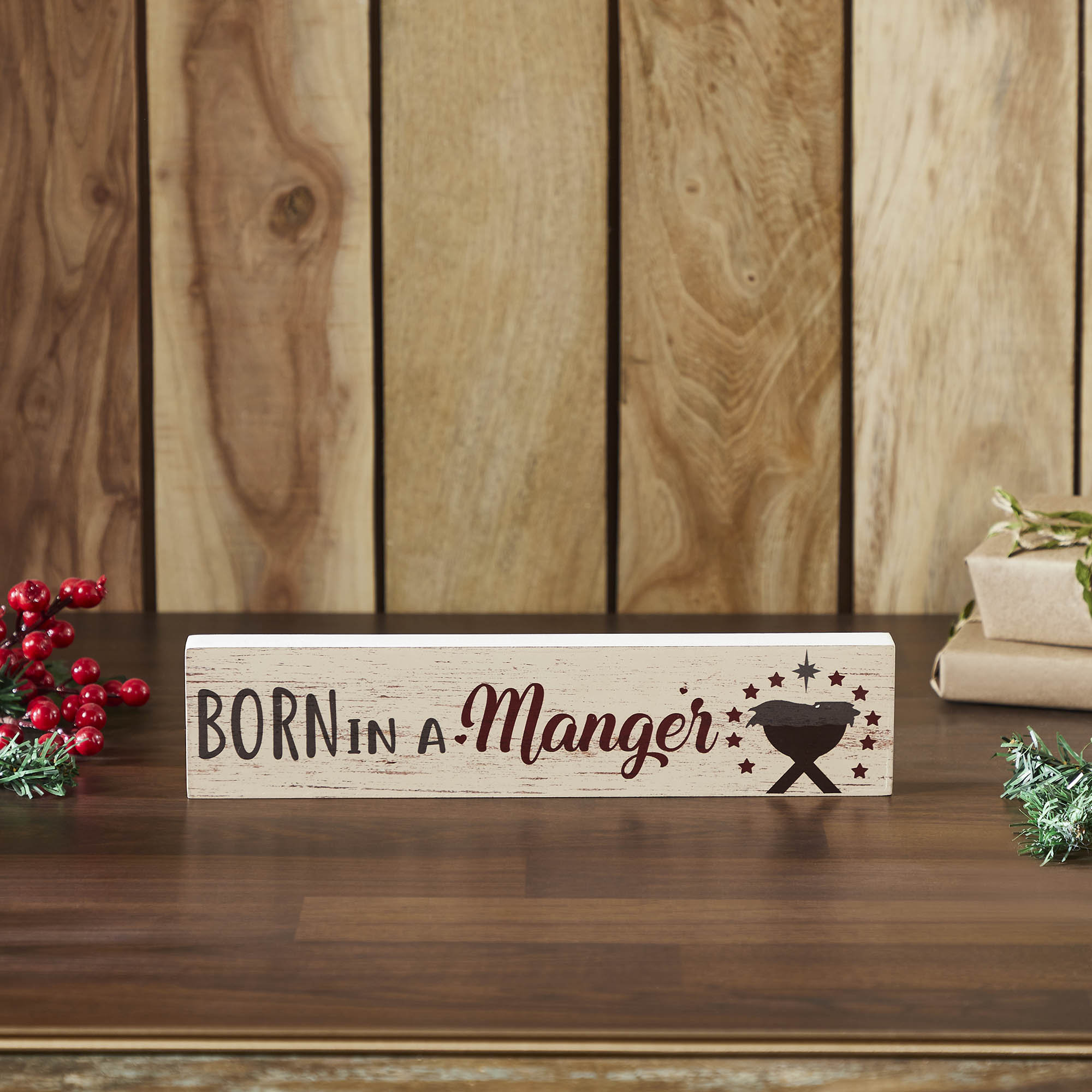 VHC Brands Higher Glory Born In A Manger Block Sign 3x13 | Wayfair
