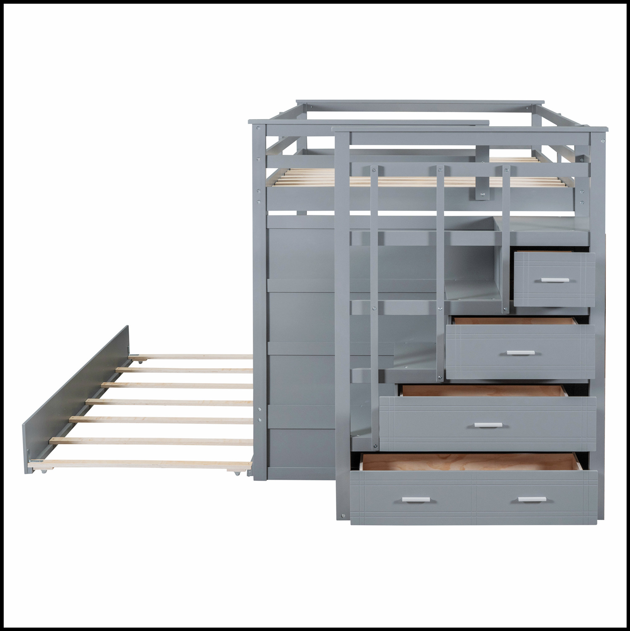Harriet Bee Sturdy Over Bunk Bed with Trundle, Staircase, and Storage ...