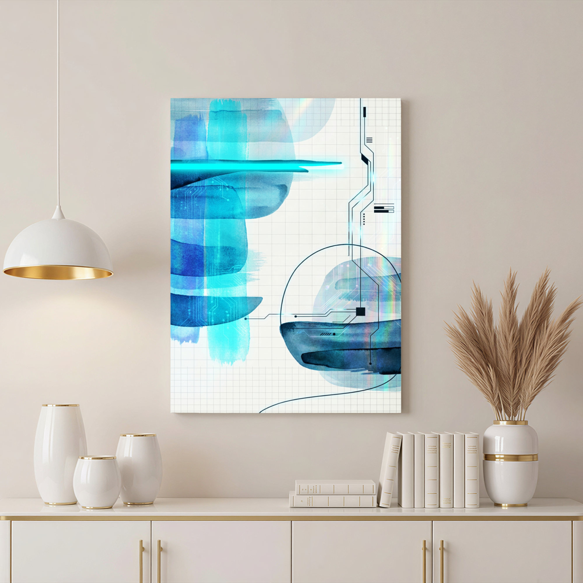 Winston Porter Abstract Blue Watercolor And Geometric Circuit Design ...