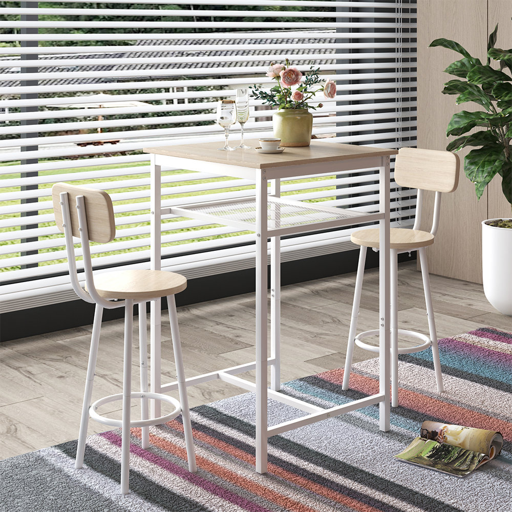 Ebern Designs 3-Piece Bar Table Set with Metal Shelf, Small Pub Table ...