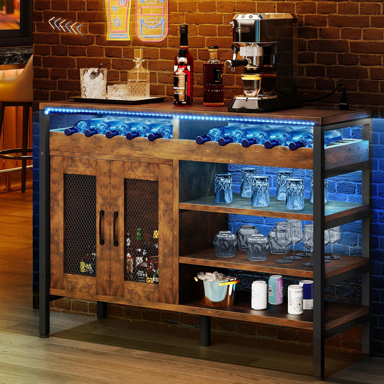 Wrought Studio™ Wine Bar Cabinet with Power Outlets and LED Lights ...