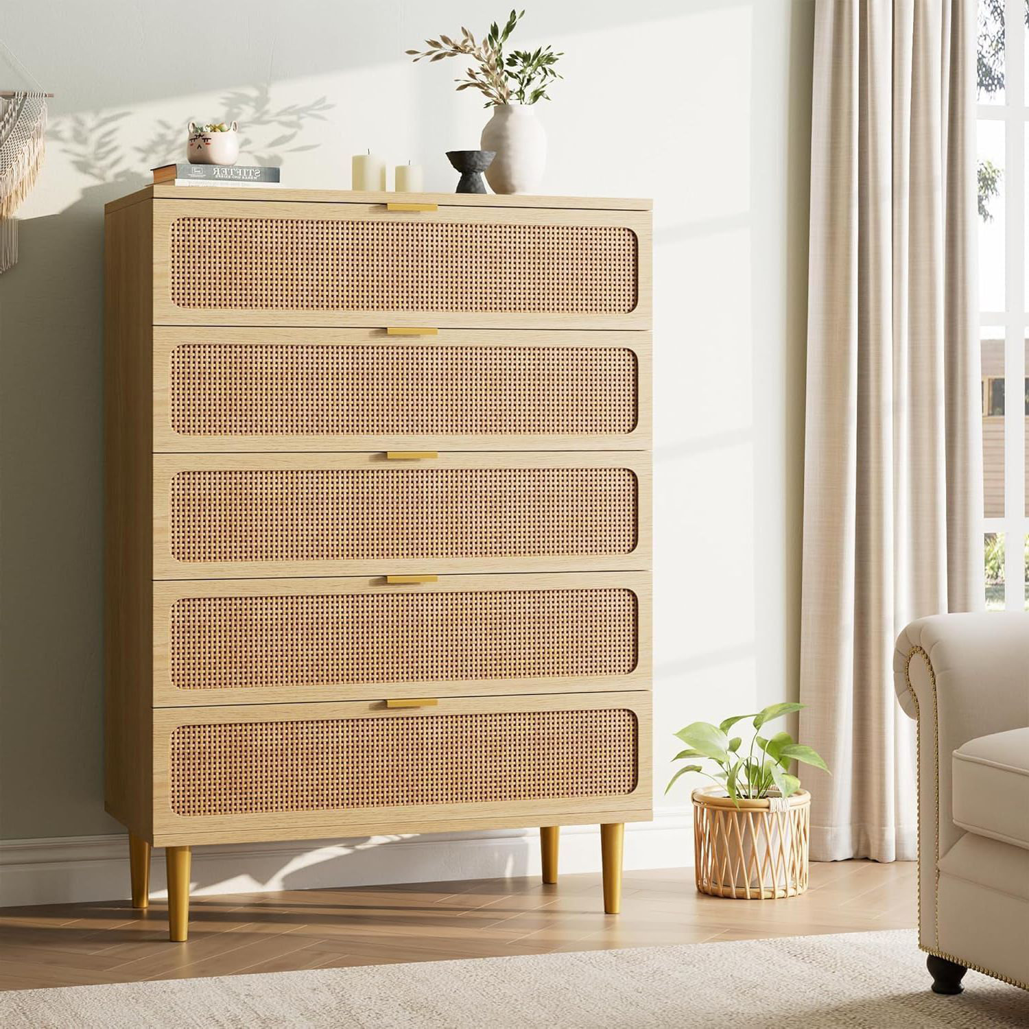 Bayou Breeze Rattan 5 Drawer Dresser For Bedroom, With Deep Drawers ...