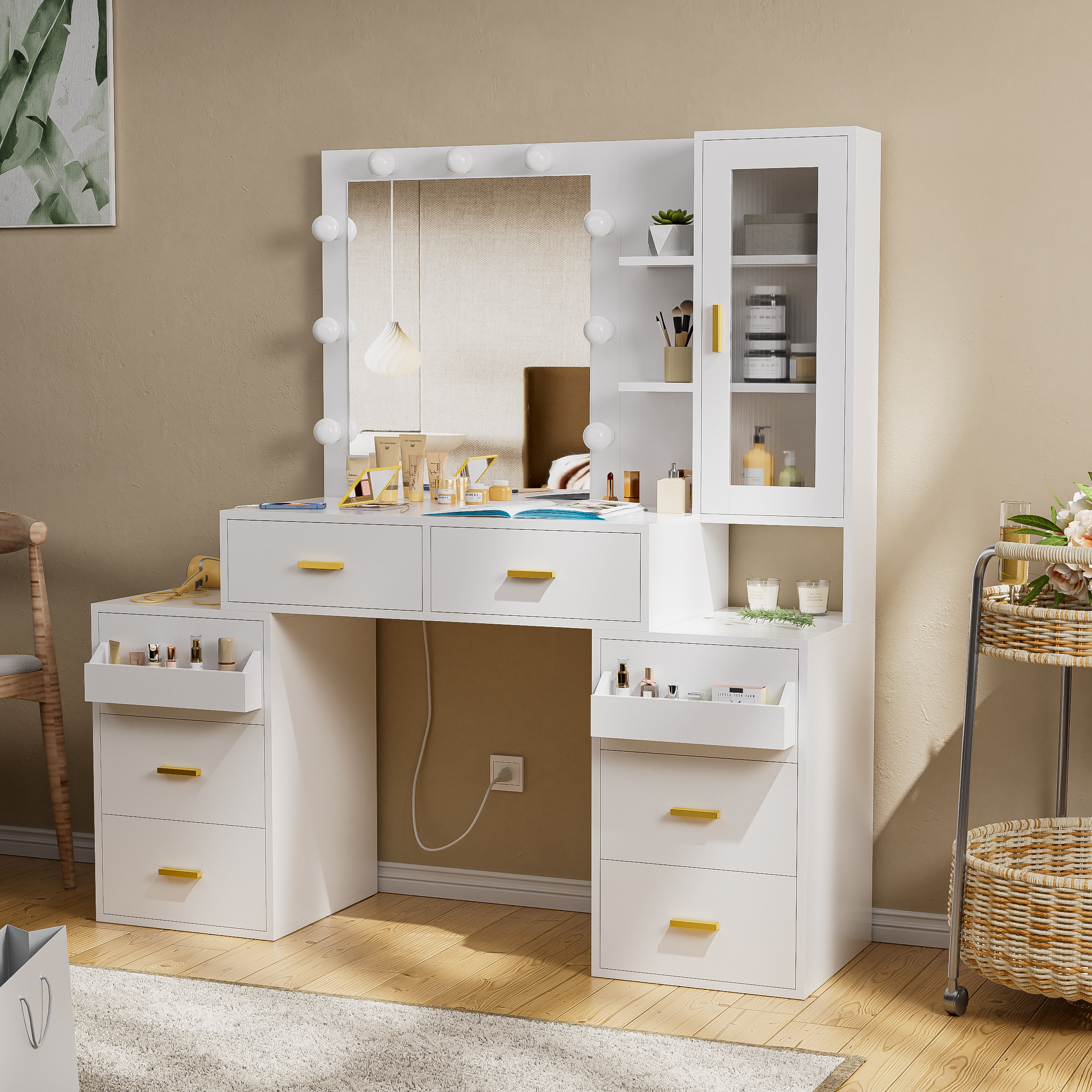 Latitude Run® Guilfucci Makeup Vanity Desk with Mirror and Lights ...