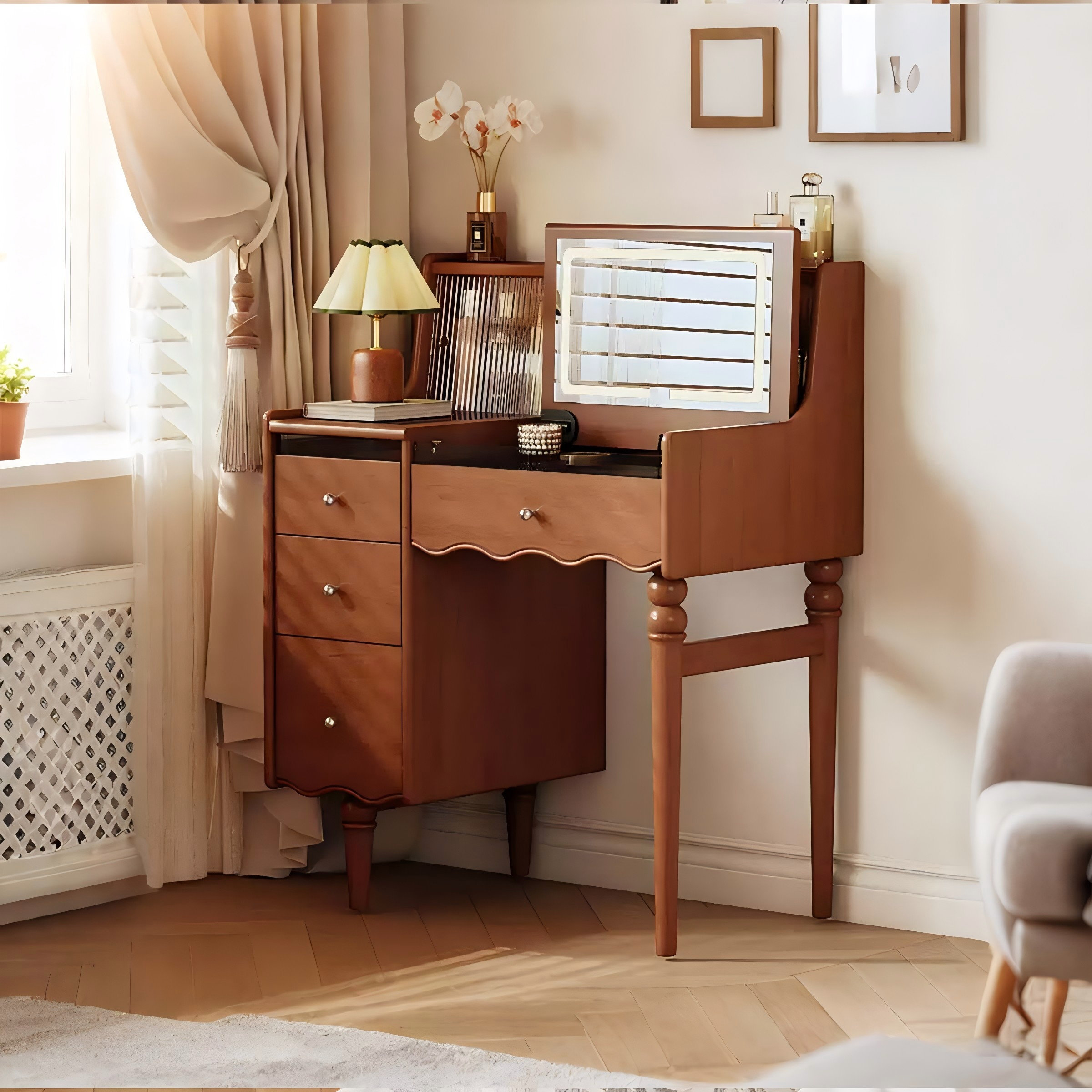 Isla Hopping Retro Solid Wood Vanity Table with Integrated Dresser ...