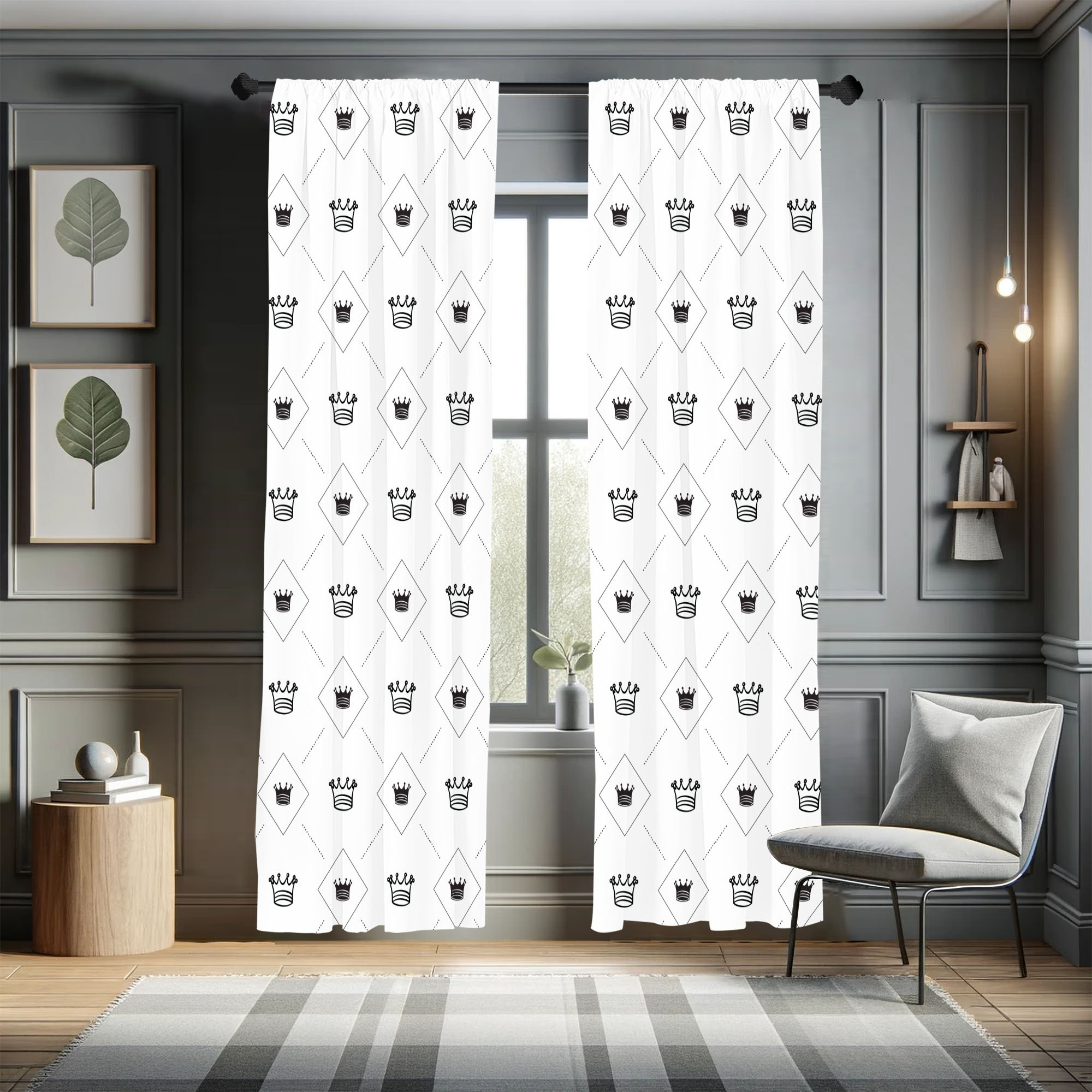 Ebern Designs Modern Curtains, Crowns Dots, Pair of 28", Black White ...