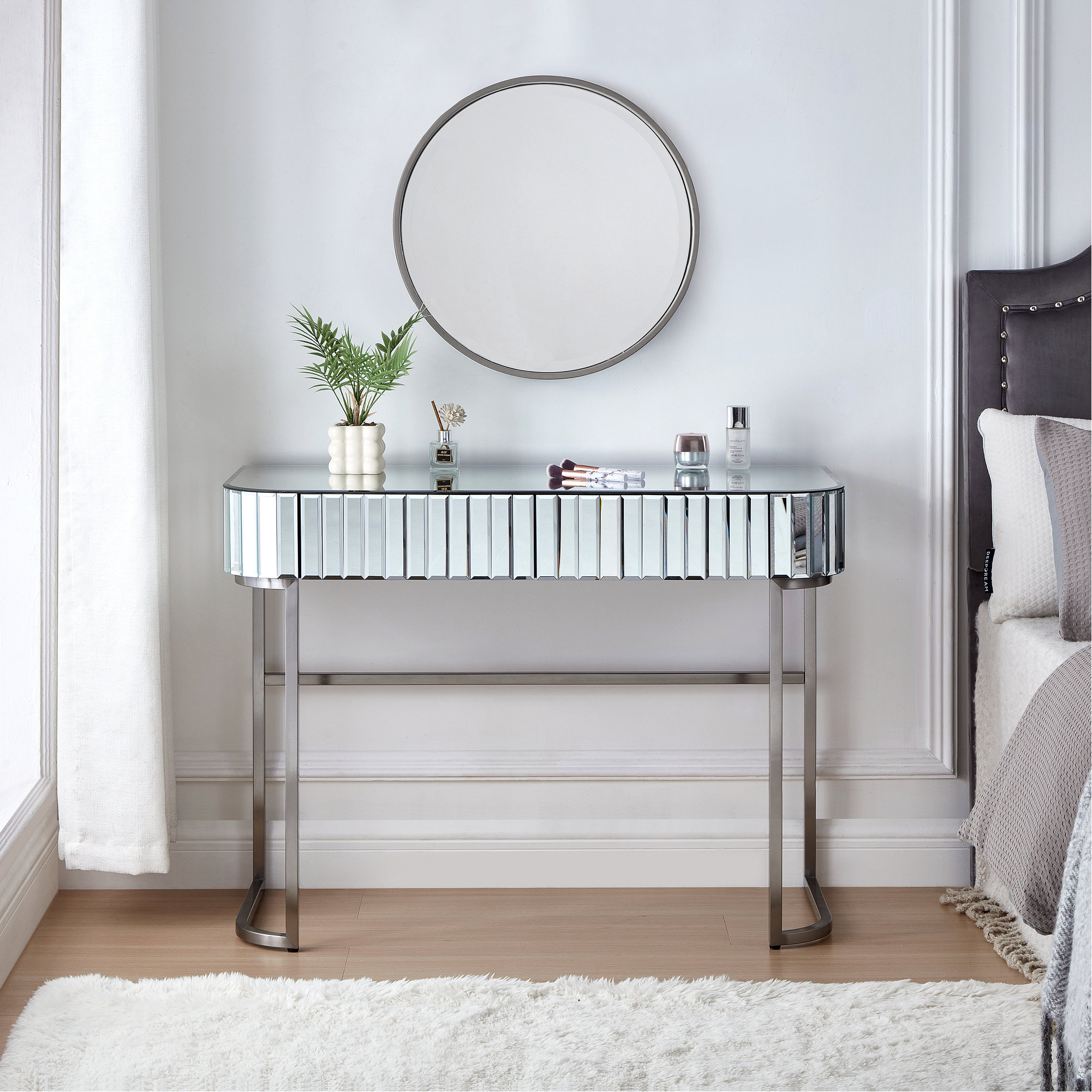 Orren Ellis 39" Mirrored Makeup Vanity Table With Stainless Steel Base ...