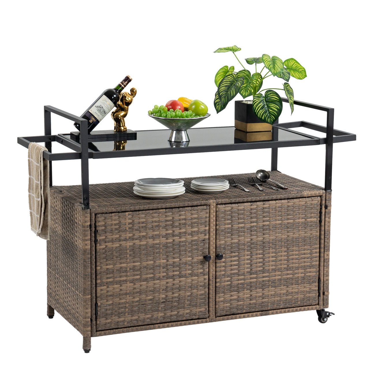 Latitude Run® Outdoor Wicker Bar Cart, Patio Wine Serving Cart W/Wheels ...