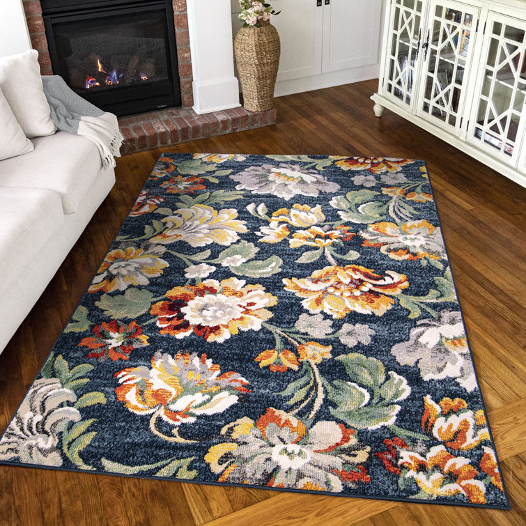 Wildon Home Kuniza Distressed Navy Daisy Stain Resistant Area Rug | Wayfair