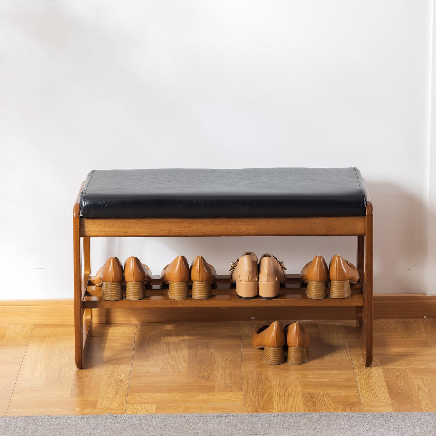 Loon Peak Shoe Bench, Solid Wood Shoe Bench With Cushion, 2 Tier Shoe ...