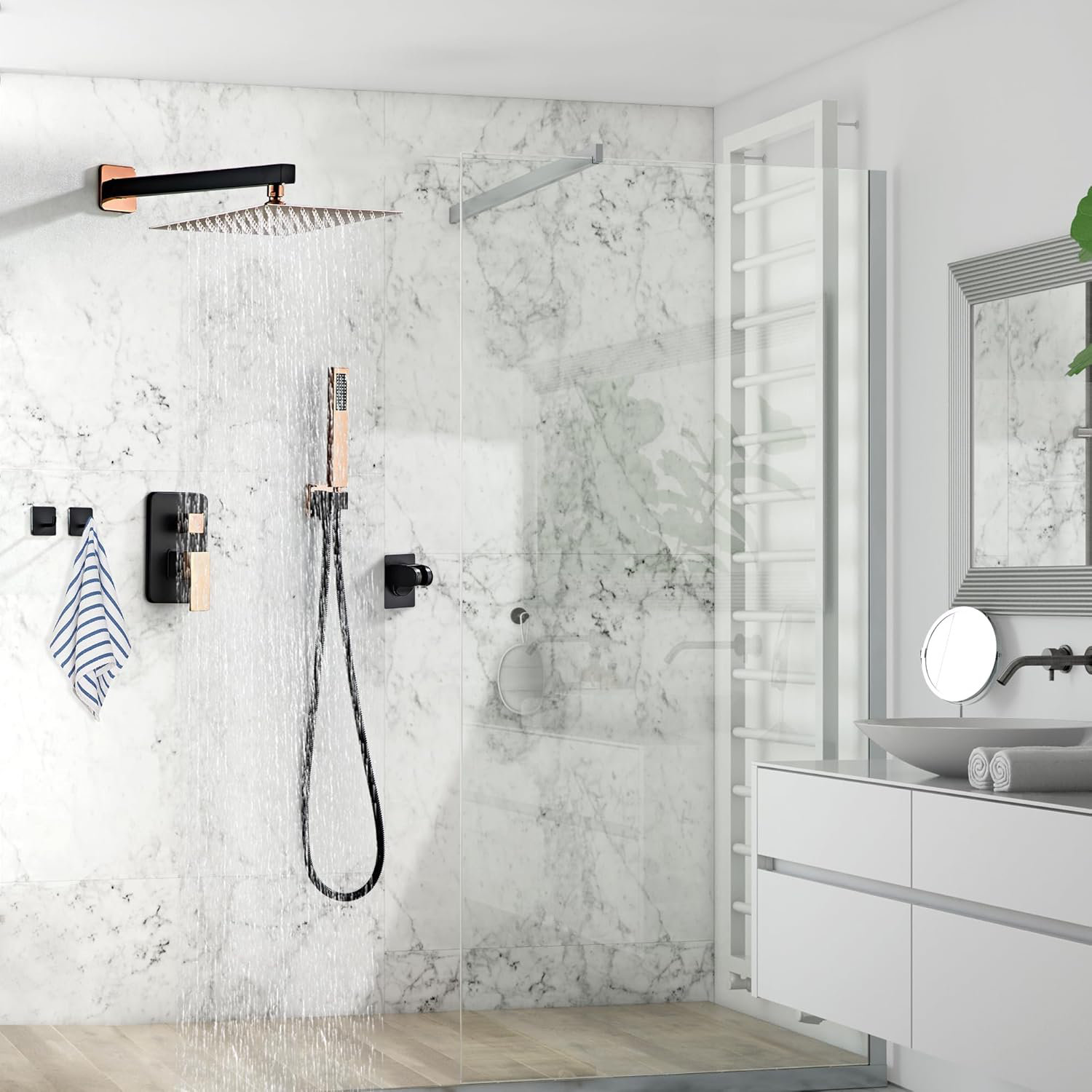 SOLVUR Matte Black And Rose Gold Rainfall Shower System Complete Wall ...