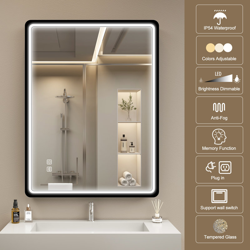 Orren Ellis Bathroom Luxury: Chic Black Frame LED Vanity Mirror, 3 ...
