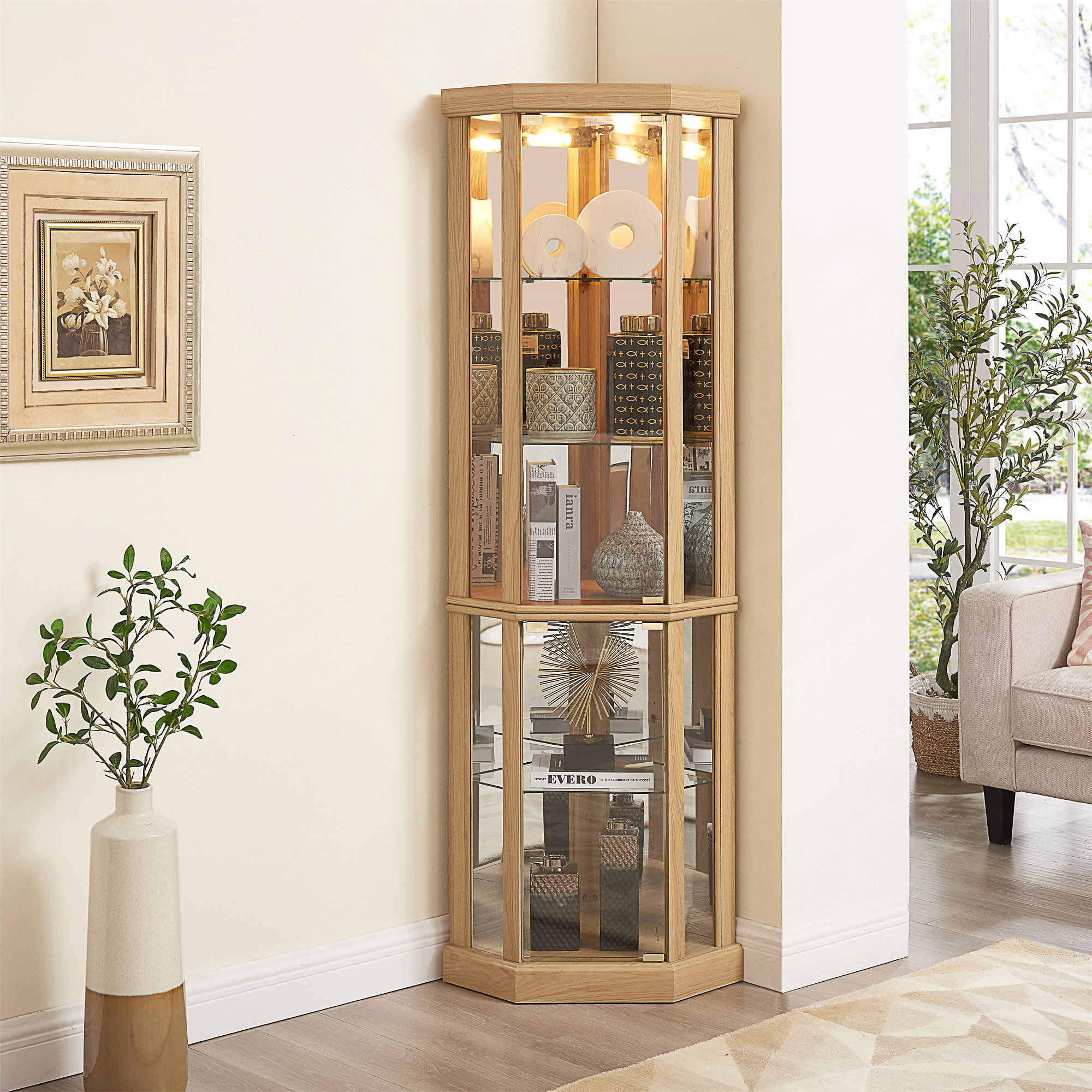 Latitude Run® Corner Lighted Curio Cabinet With Glass Display For ...