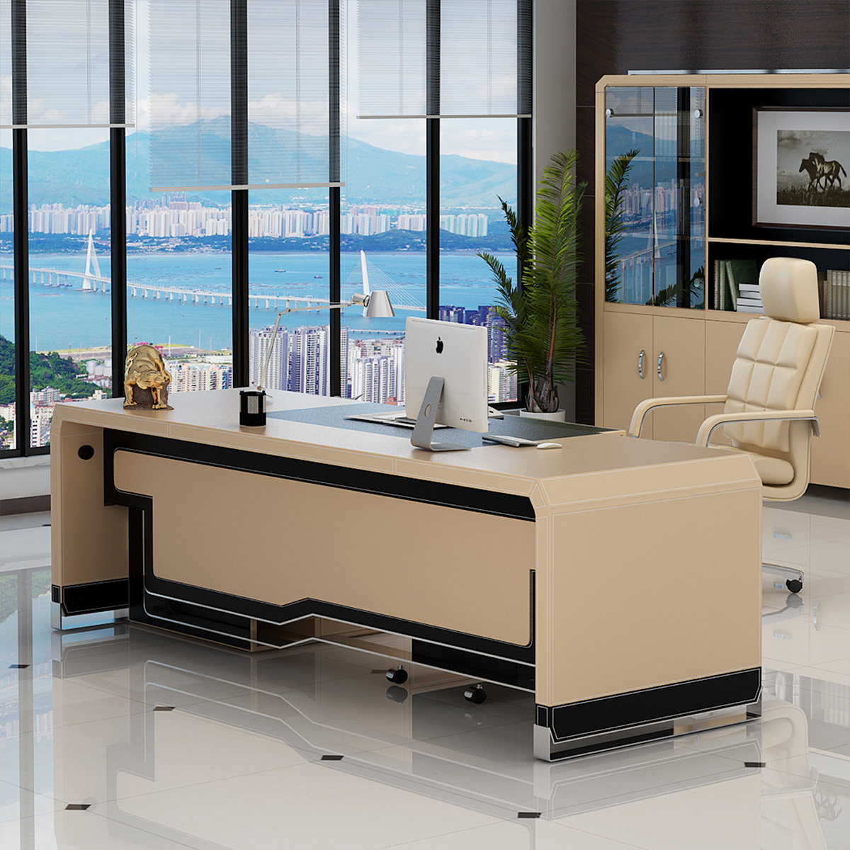 Hokku Designs Modern Minimalist Office Desk with Beige and Black Saddle ...