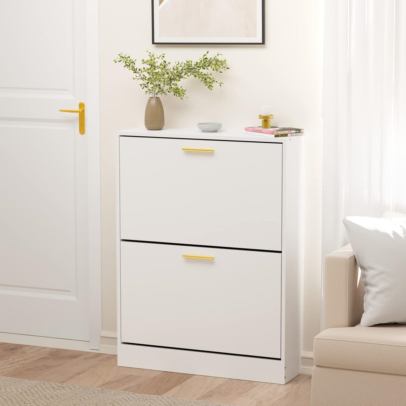 Hokku Designs Narrow entrance shoe cabinet with 4 flip-up drawers Open ...